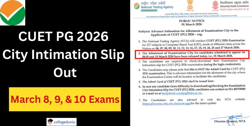 CUET PG 2026 City Intimation Slip Out for Exams till March 10 @exams ...