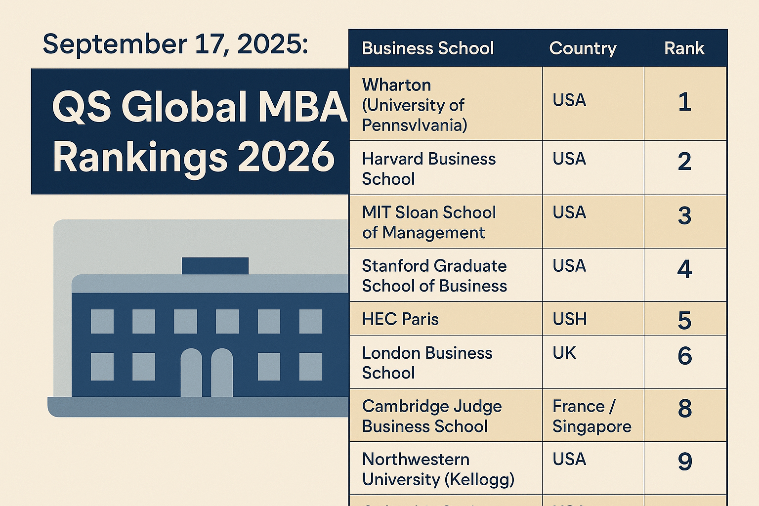 QS Global MBA Rankings 2026 Released: Wharton Tops, Stanford Slips to 4th, Check Ranks here