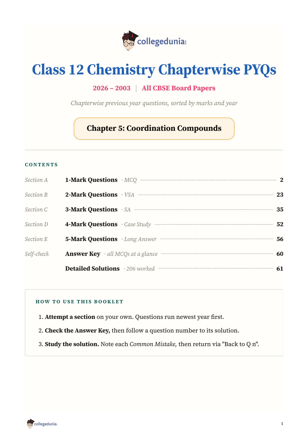 Class 12 Chemistry Chapter 5 Coordination Compounds PYQ PDF 2026
