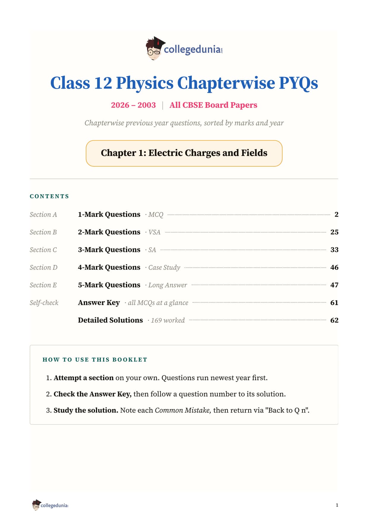 Class 12 Physics Chapter 1 Electric Charges and Fields PYQ PDF 2026