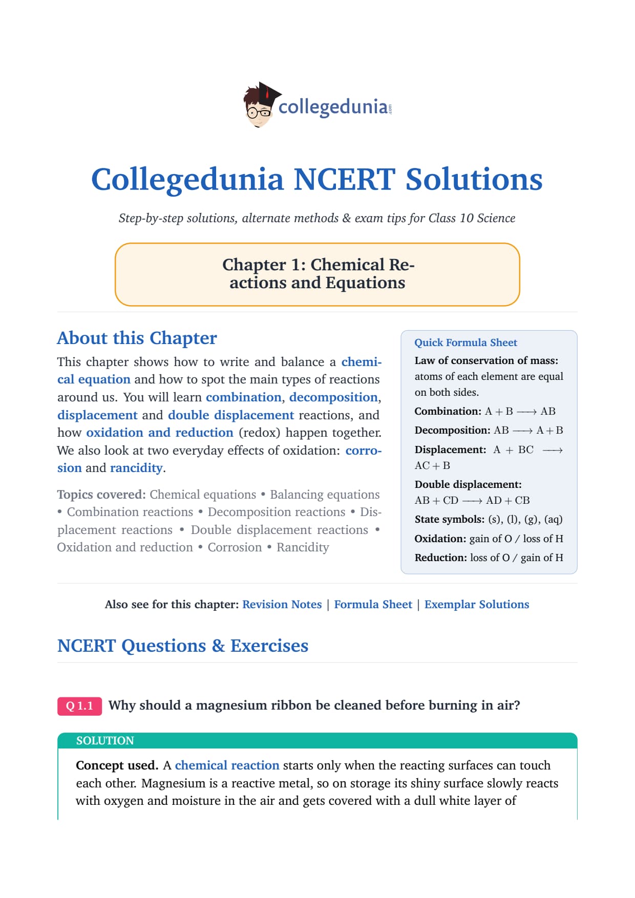 NCERT Solutions Class 10 Science Chapter 1 Chemical Reactions and Equations