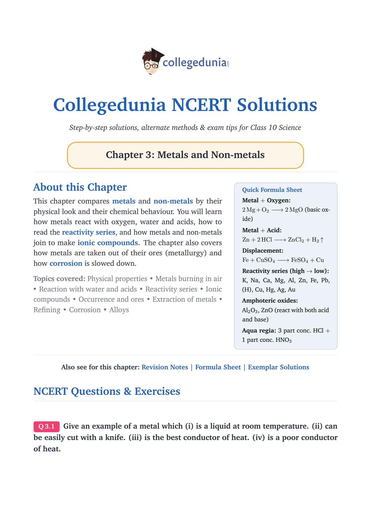 NCERT Solutions Class 10 Science Chapter 3 Metals and Non-metals