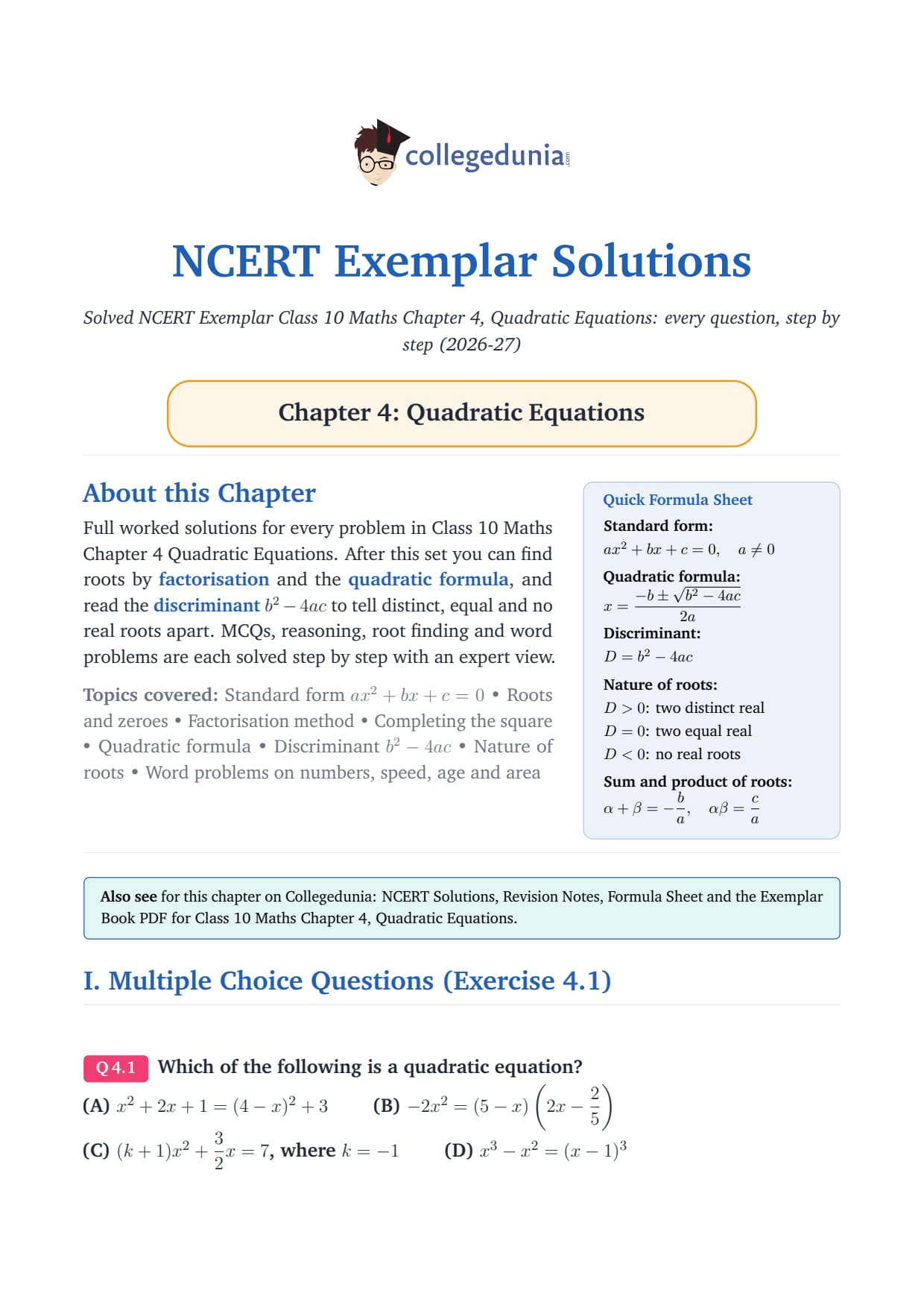 NCERT Exemplar Solutions Class 10 Maths Chapter 4