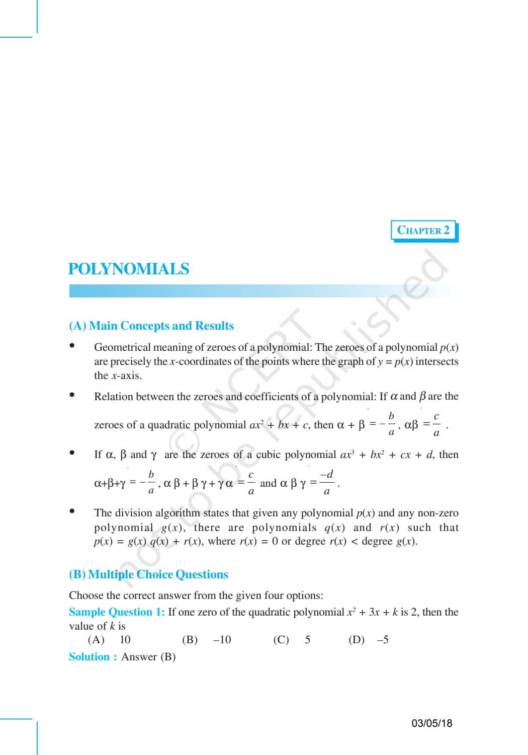 NCERT Exemplar Class 10 Maths Polynomials Book PDF