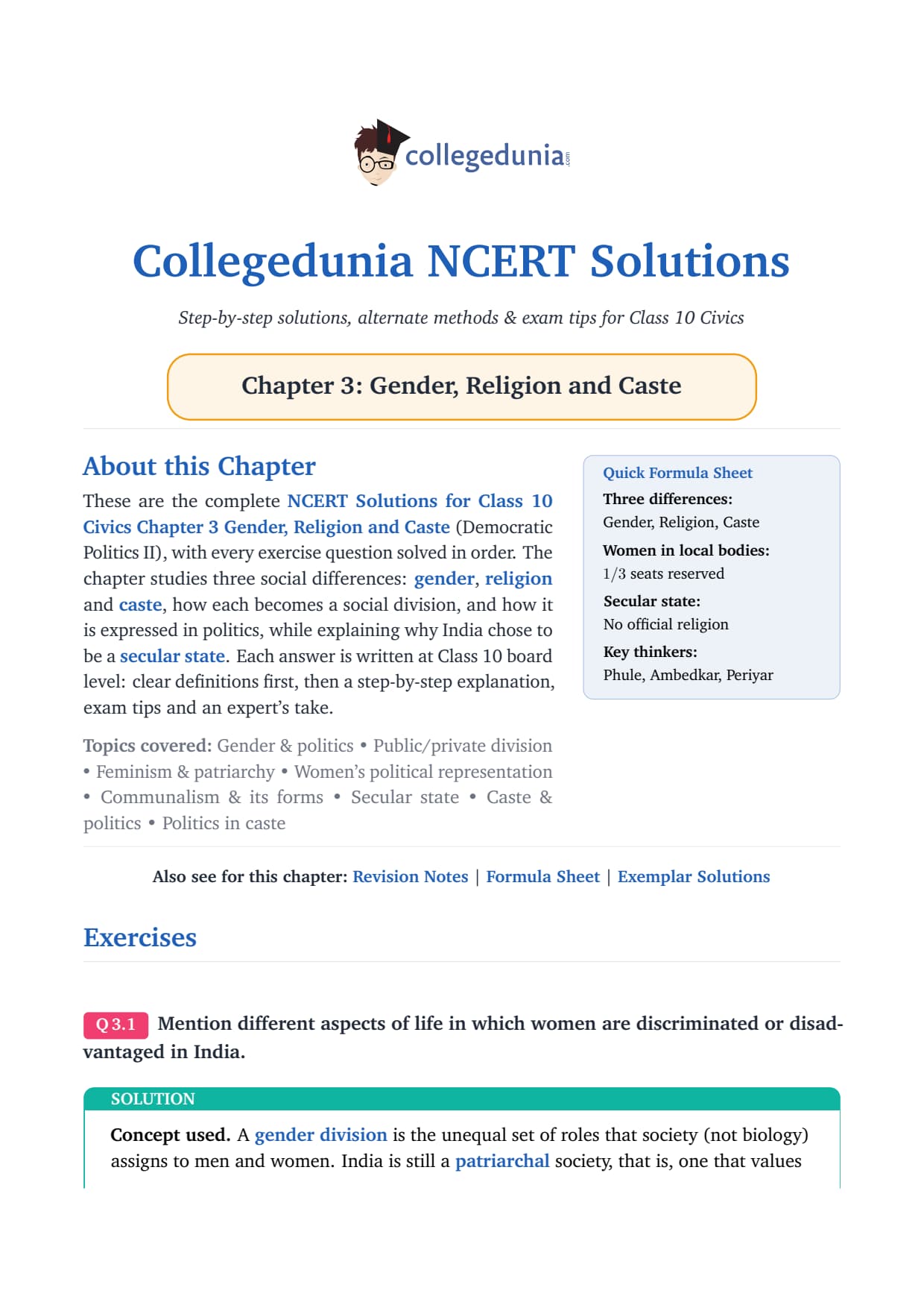 NCERT Solutions Class 10 Civics Chapter 3 Gender & Caste 2026-27