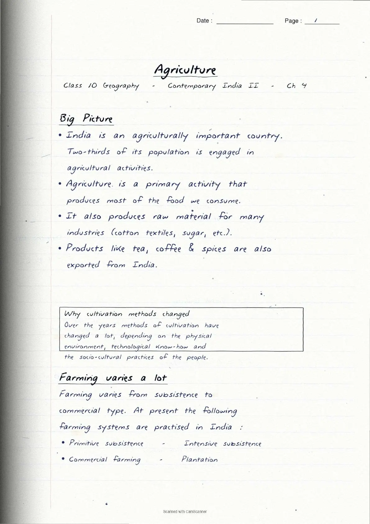 Agriculture Class 10 Geography Handwritten Notes