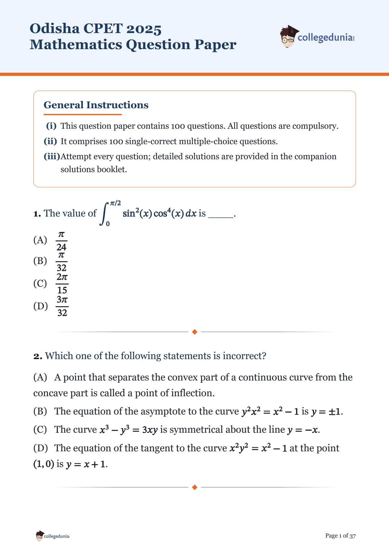 Odisha CPET 2025 Mathematics Question Paper with Solutions