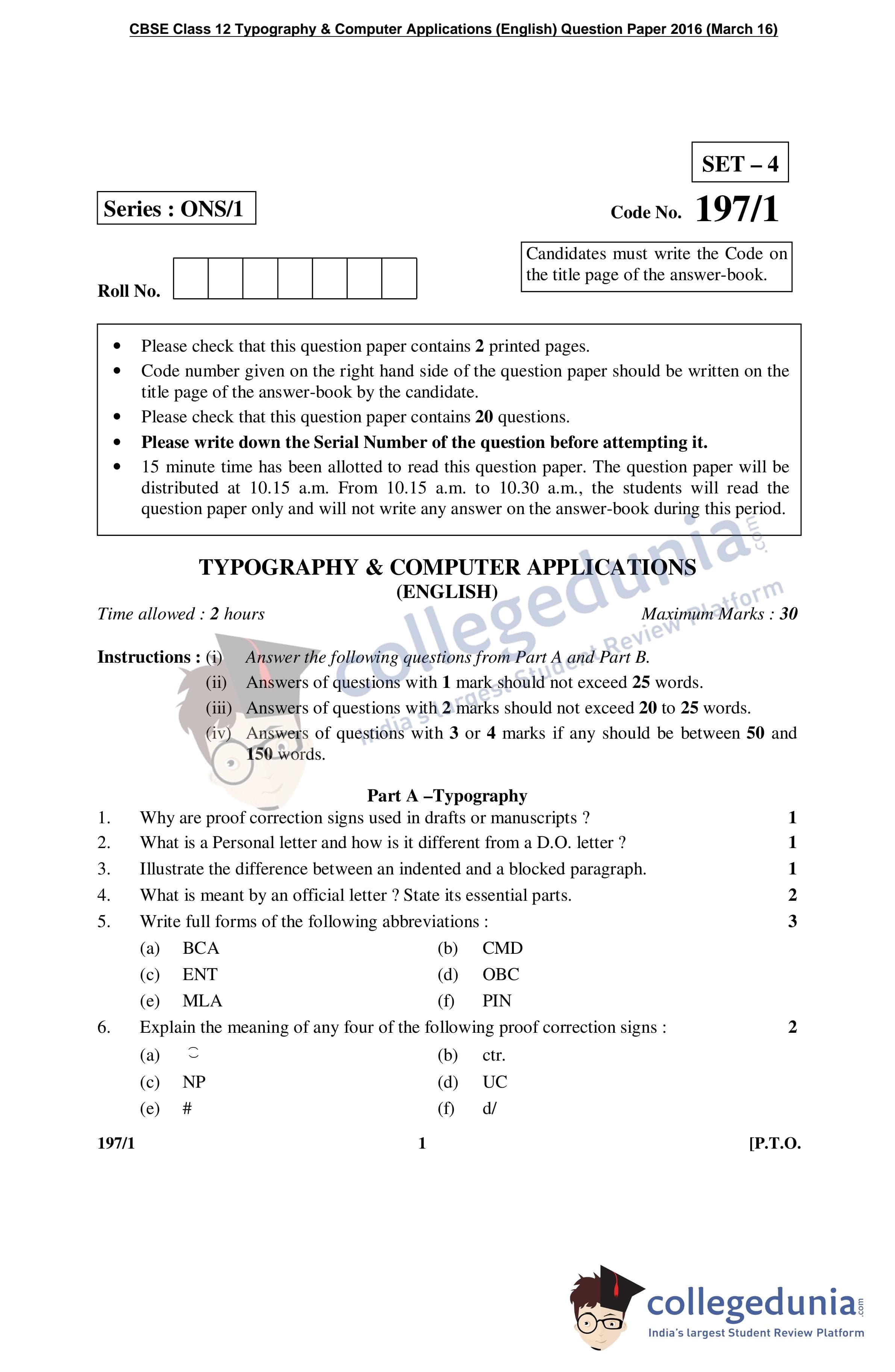 CBSE Class 12 Typography & Computer Applications (English) Question ...