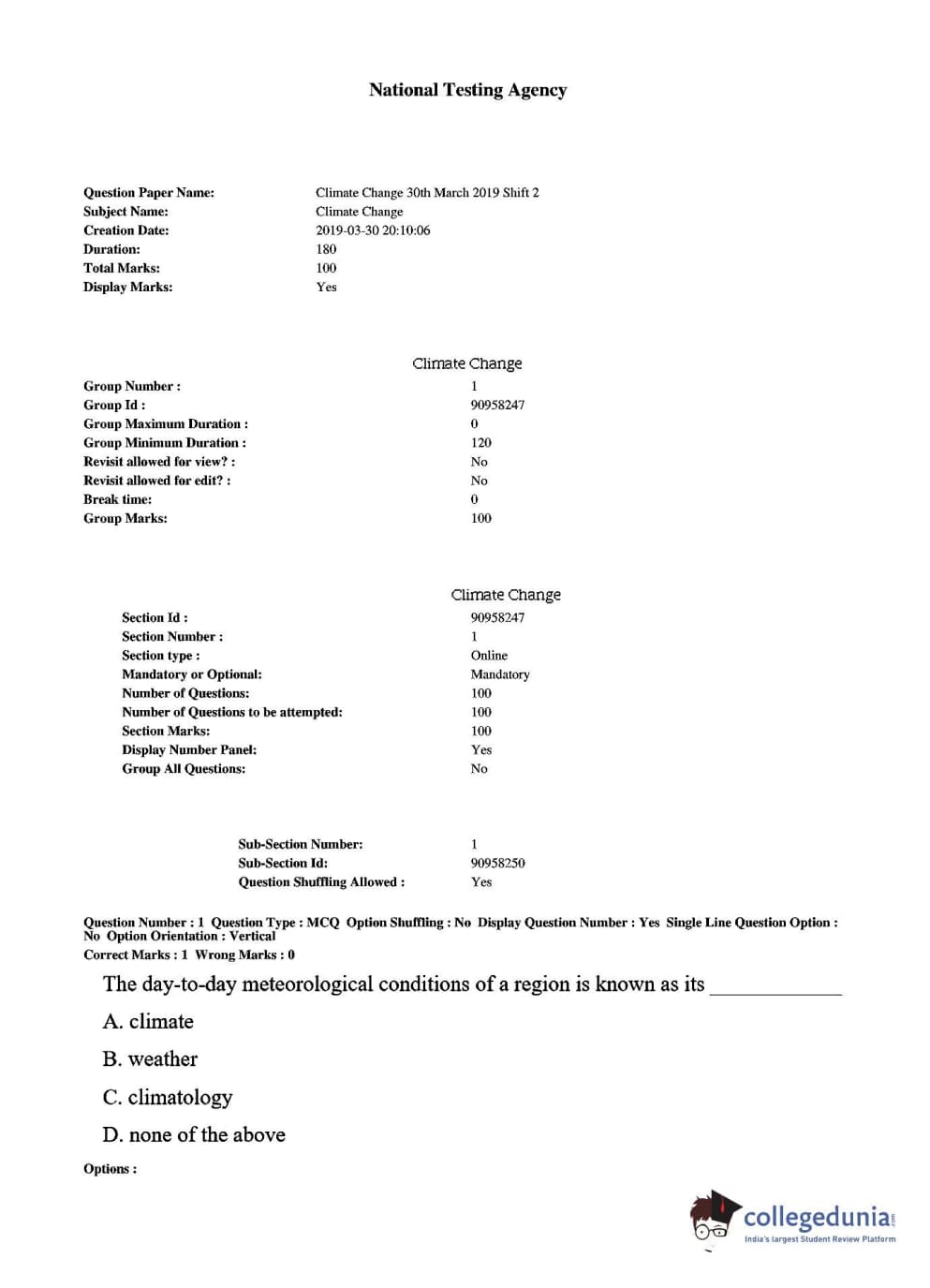 ARPIT 2019 Climate Change Question Paper with Answer Key PDFs (March 30 ...