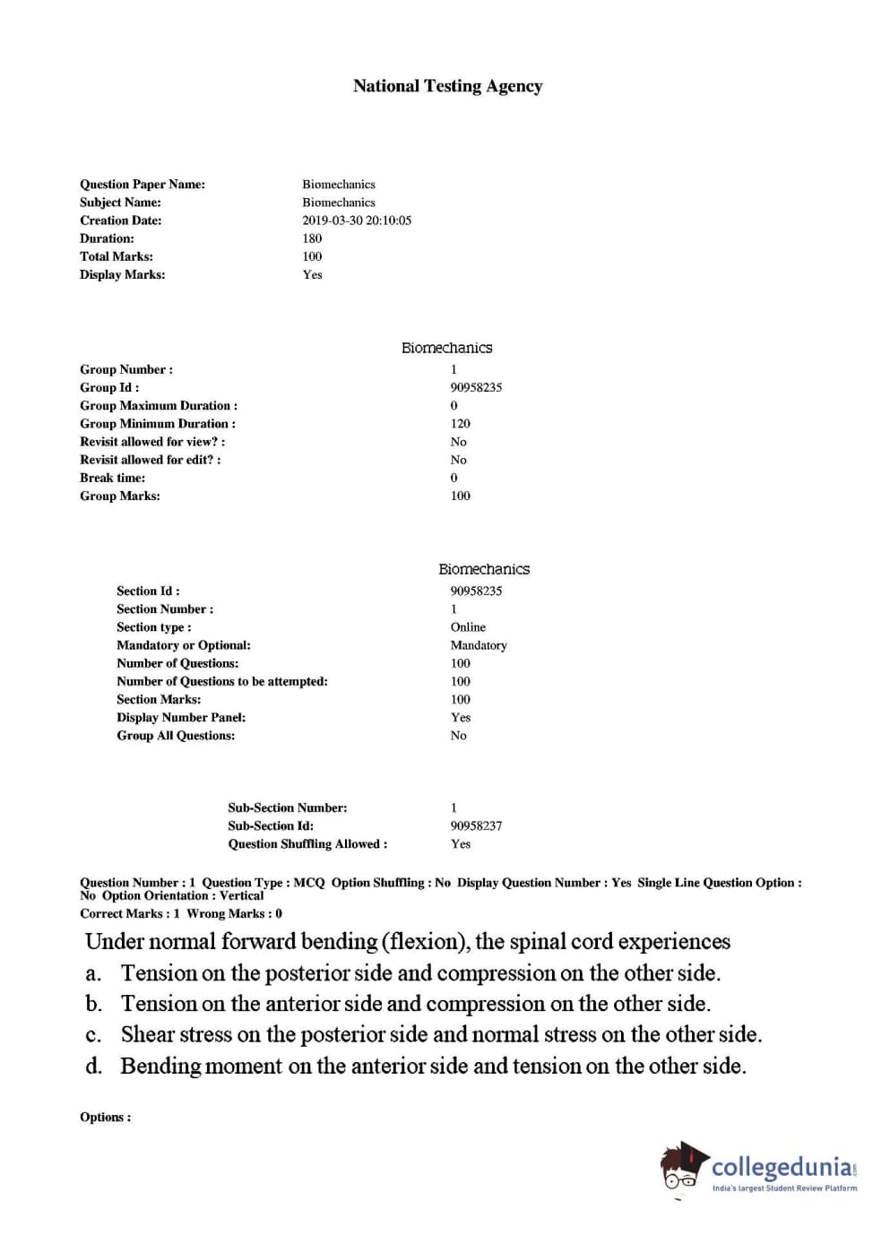 ARPIT 2019 Biomechanics Question Paper with Answer Key PDFs (March 30 ...