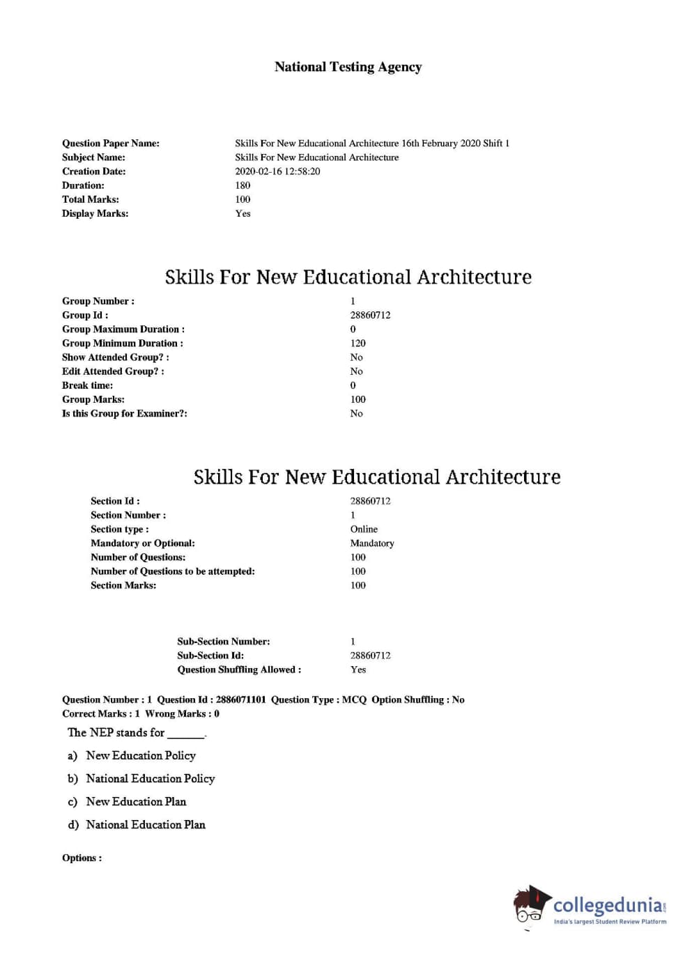 ARPIT 2020 Skills For New Educational Architecture Question Paper with ...