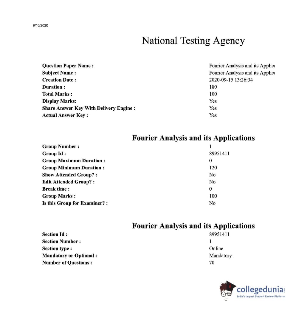 ARPIT 2020 Fourier Analysis and its Applications Question Paper with ...