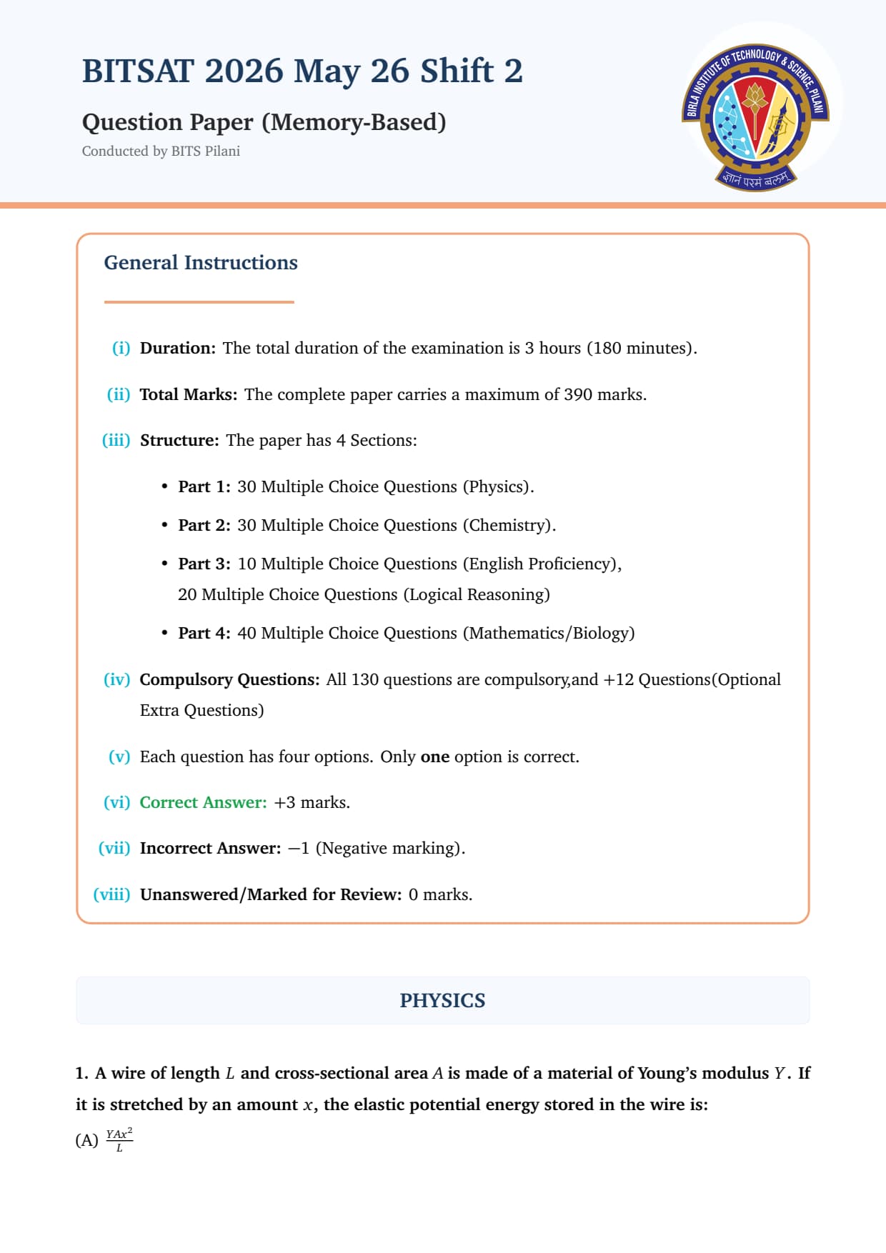 BITSAT 2026 May 26 Shift 2 Question Paper: Download Answer Key with ...