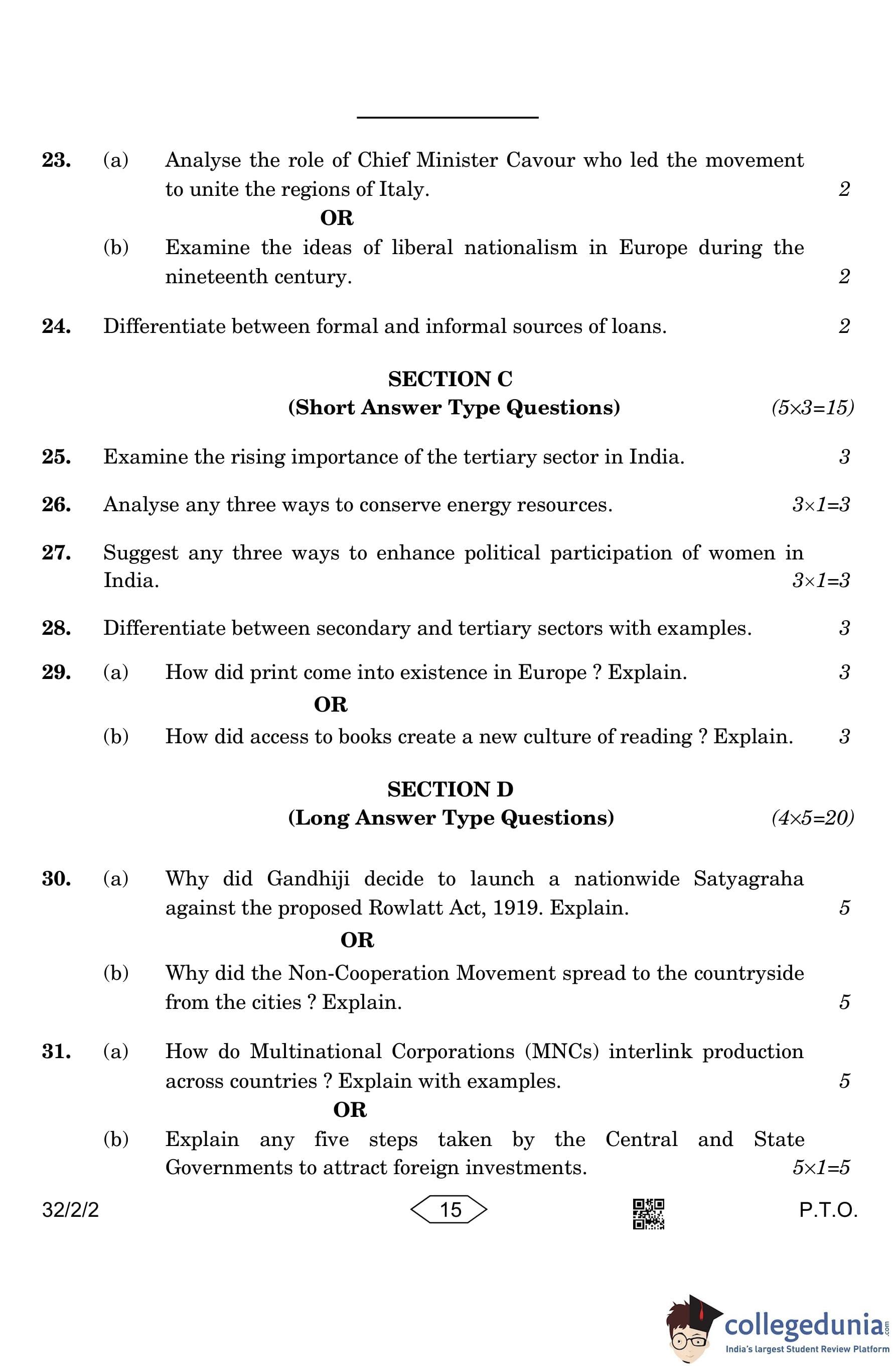 CBSE Class 10 Social Science Question Paper 2023 with Answer Key (March 15, Set 2- 32/2/2)