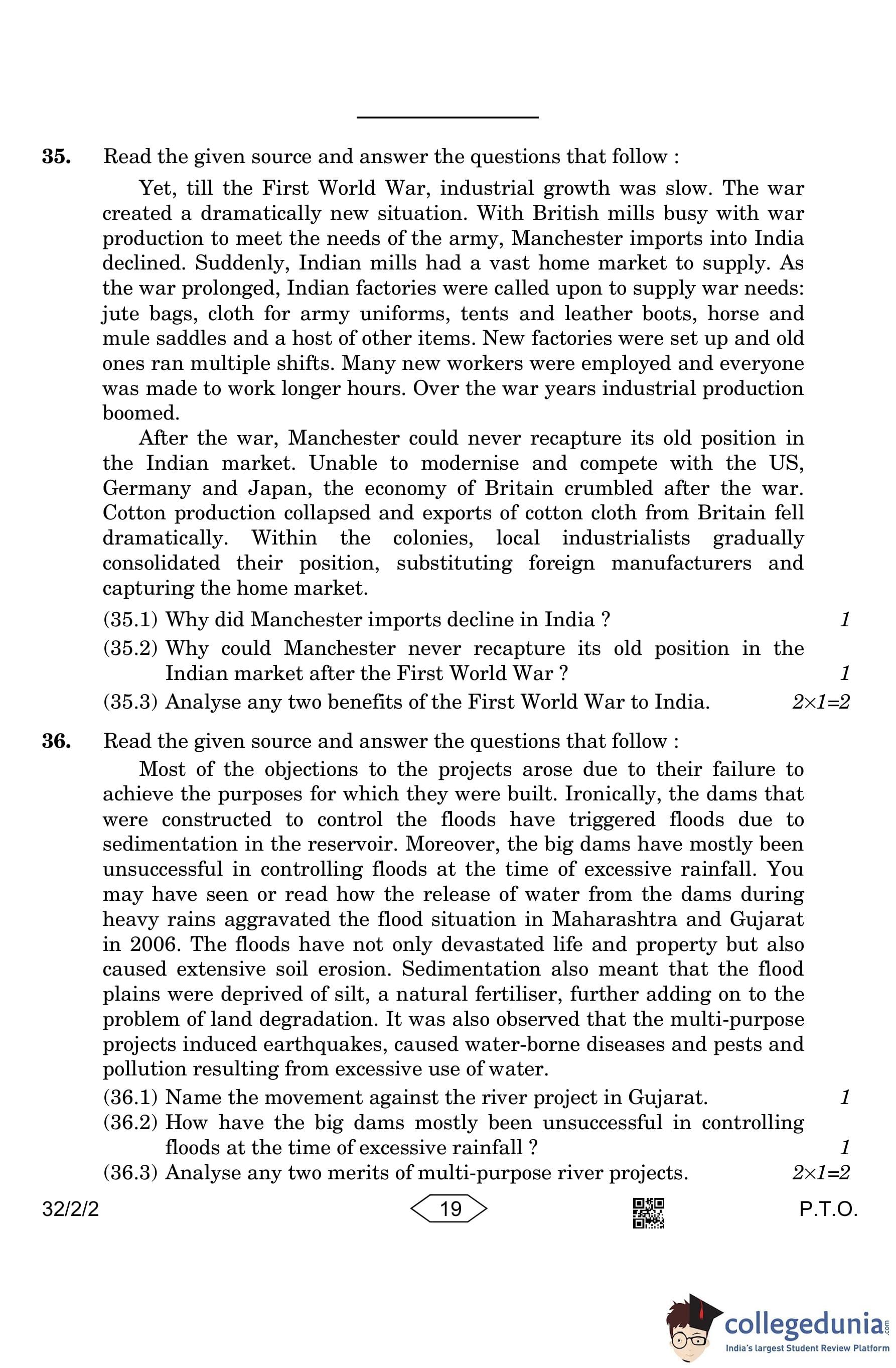 CBSE Class 10 Social Science Question Paper 2023 with Answer Key (March 15, Set 2- 32/2/2)