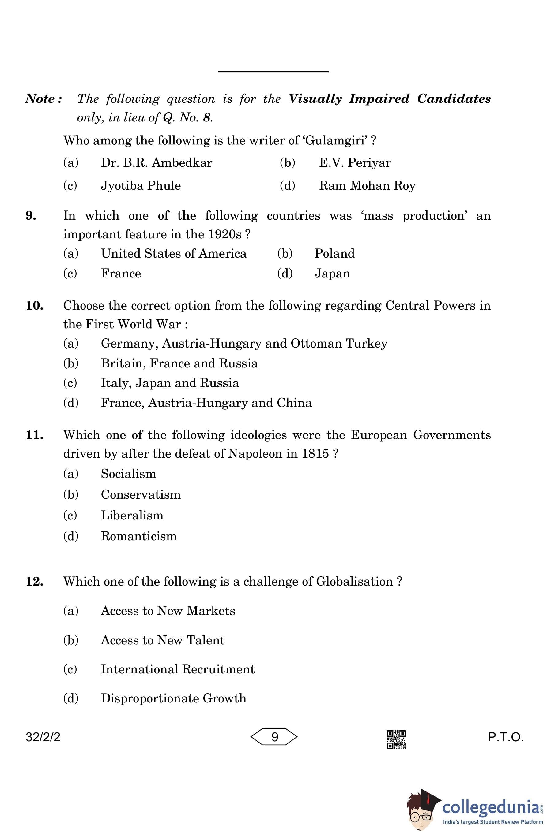 CBSE Class 10 Social Science Question Paper 2023 with Answer Key (March 15, Set 2- 32/2/2)