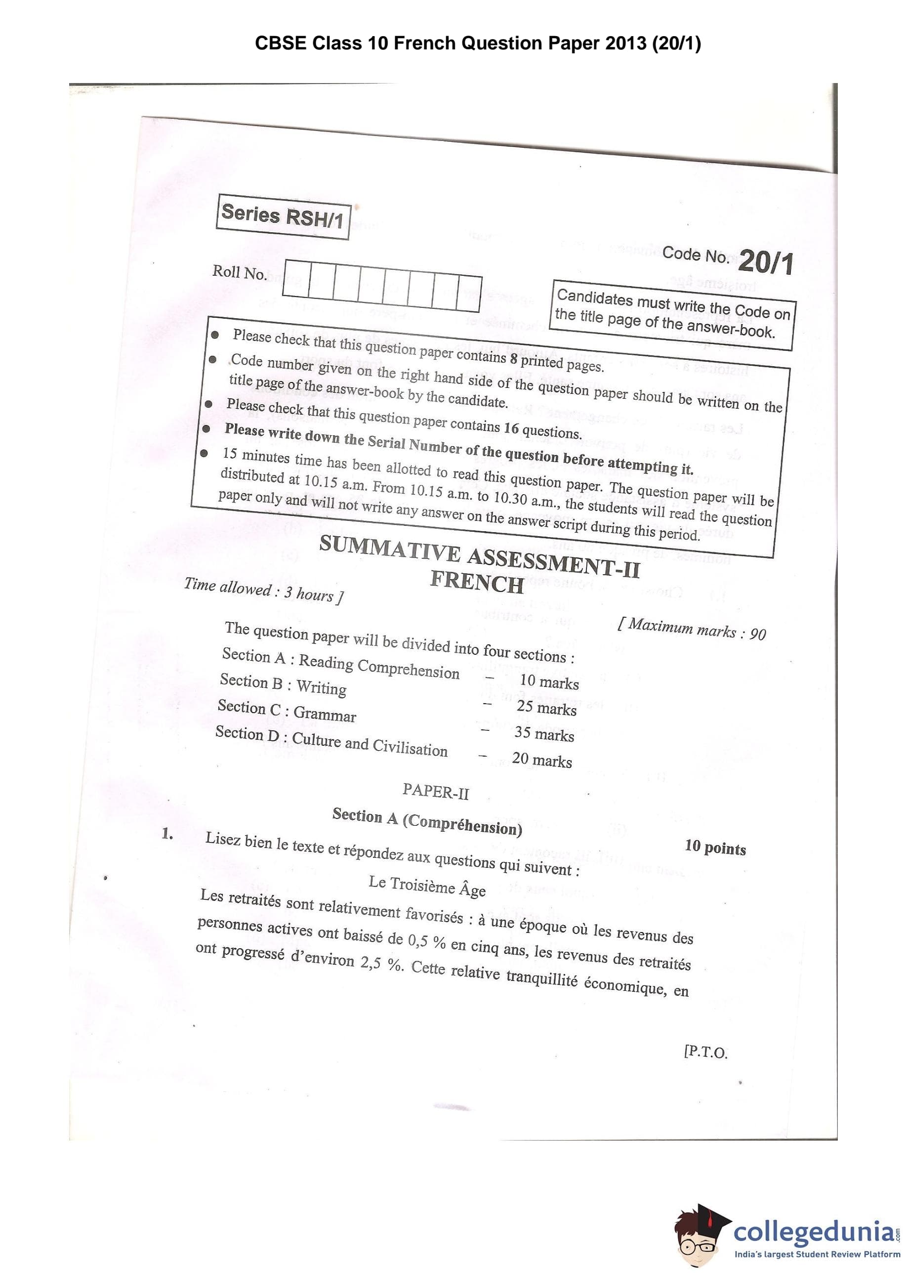 CBSE Class 10 French Question Paper 2013 with Answer Key (March 6)