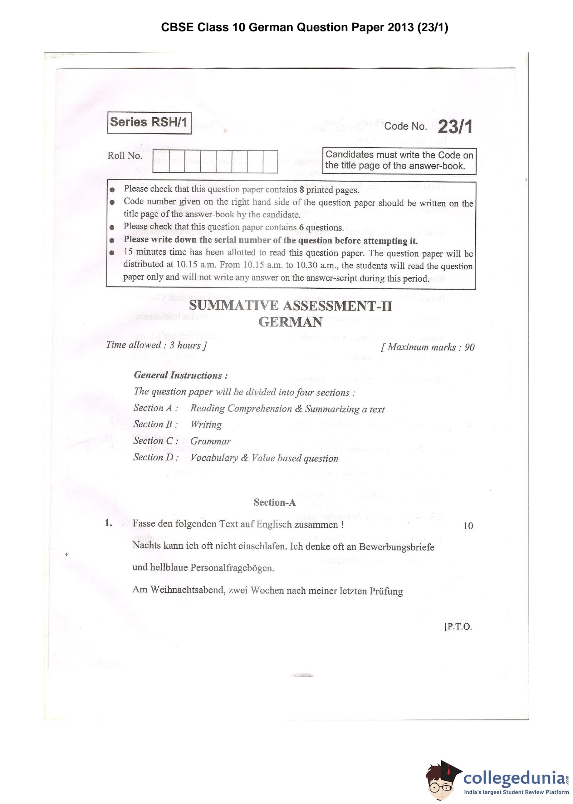 CBSE Class 10 German Question Paper 2013 with Answer Key (March 6)