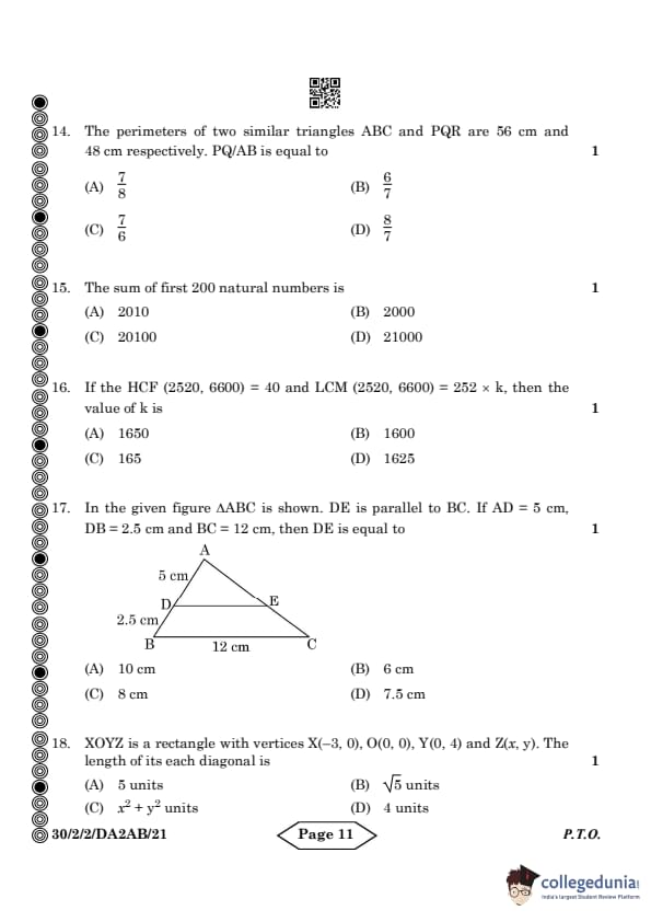 CBSE Class 10 Mathematics Standard Question Paper 2024 (Set 2- 30/2/2) with Answer Key