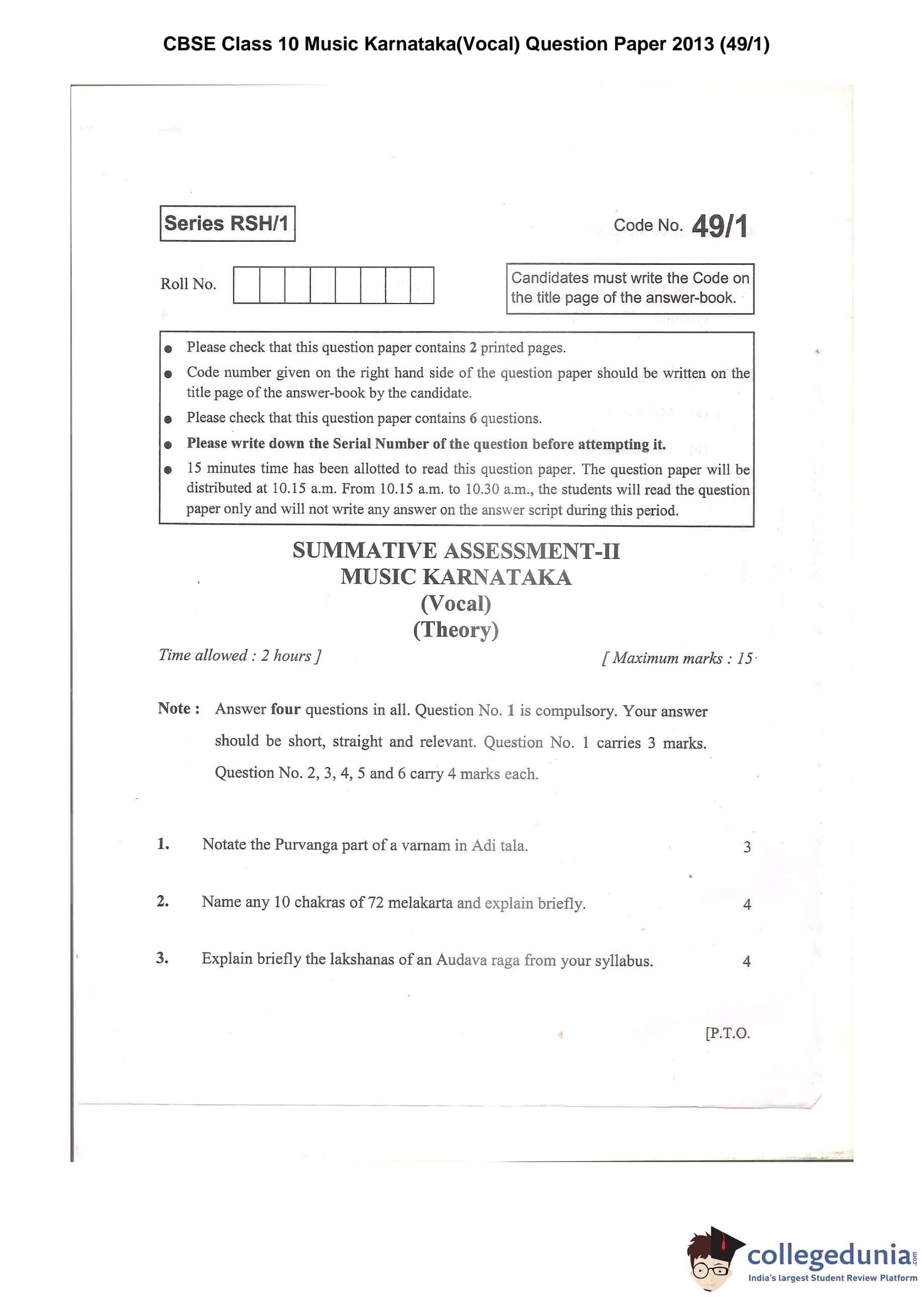 CBSE Class 10 Music Karnataka (Vocal) Question Paper 2013 with Answer ...