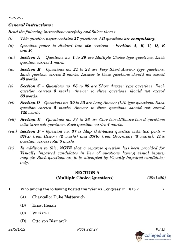 CBSE Class 10 Social Science Question Paper 2024 (Set 1 - 32/5/1 ...
