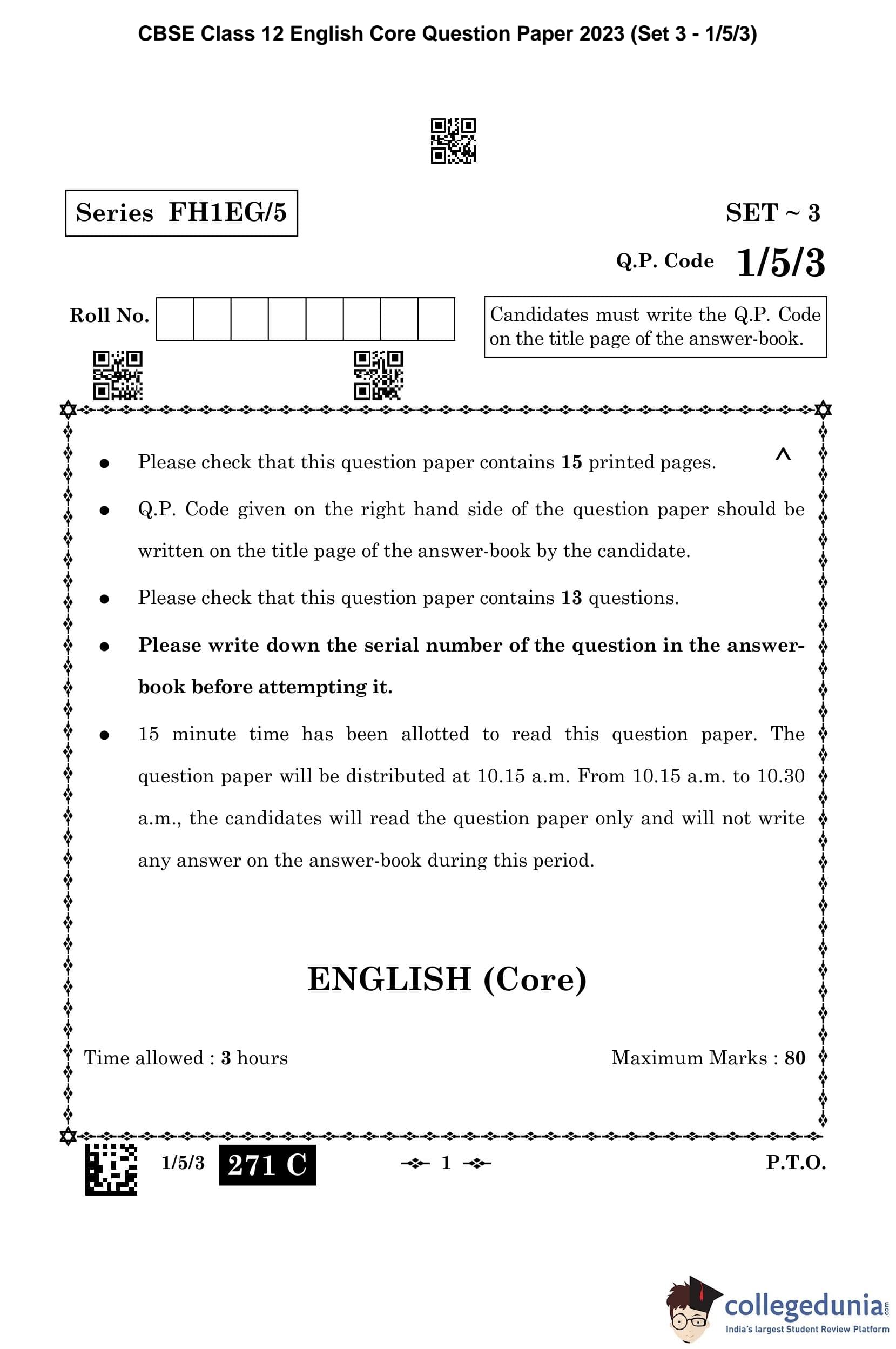 CBSE Class 12 English Core Question Paper 2023 with Answer Key ...