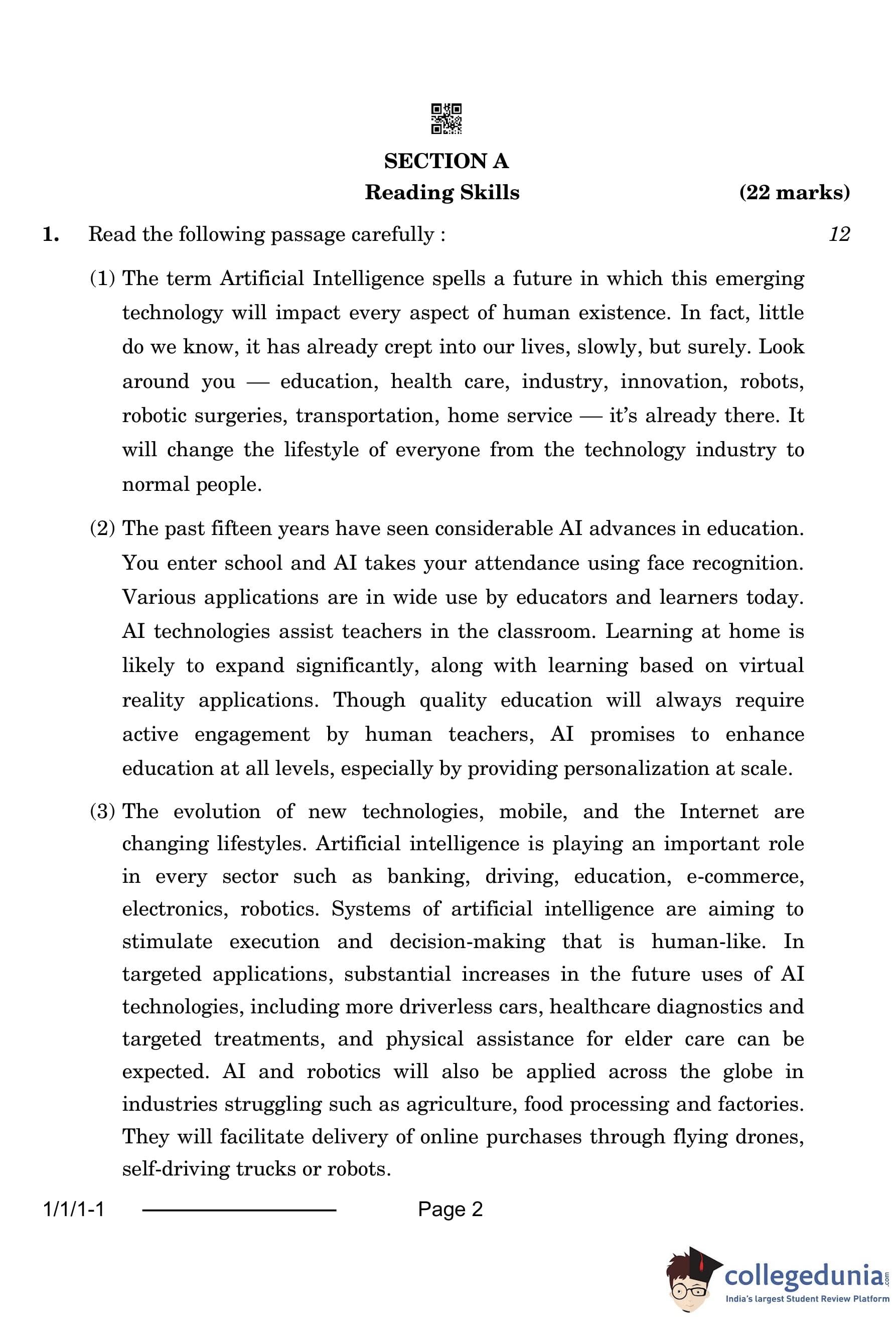 CBSE Class 12 English Question Paper 2024 (Set 1 - 1/1/1) Available ...