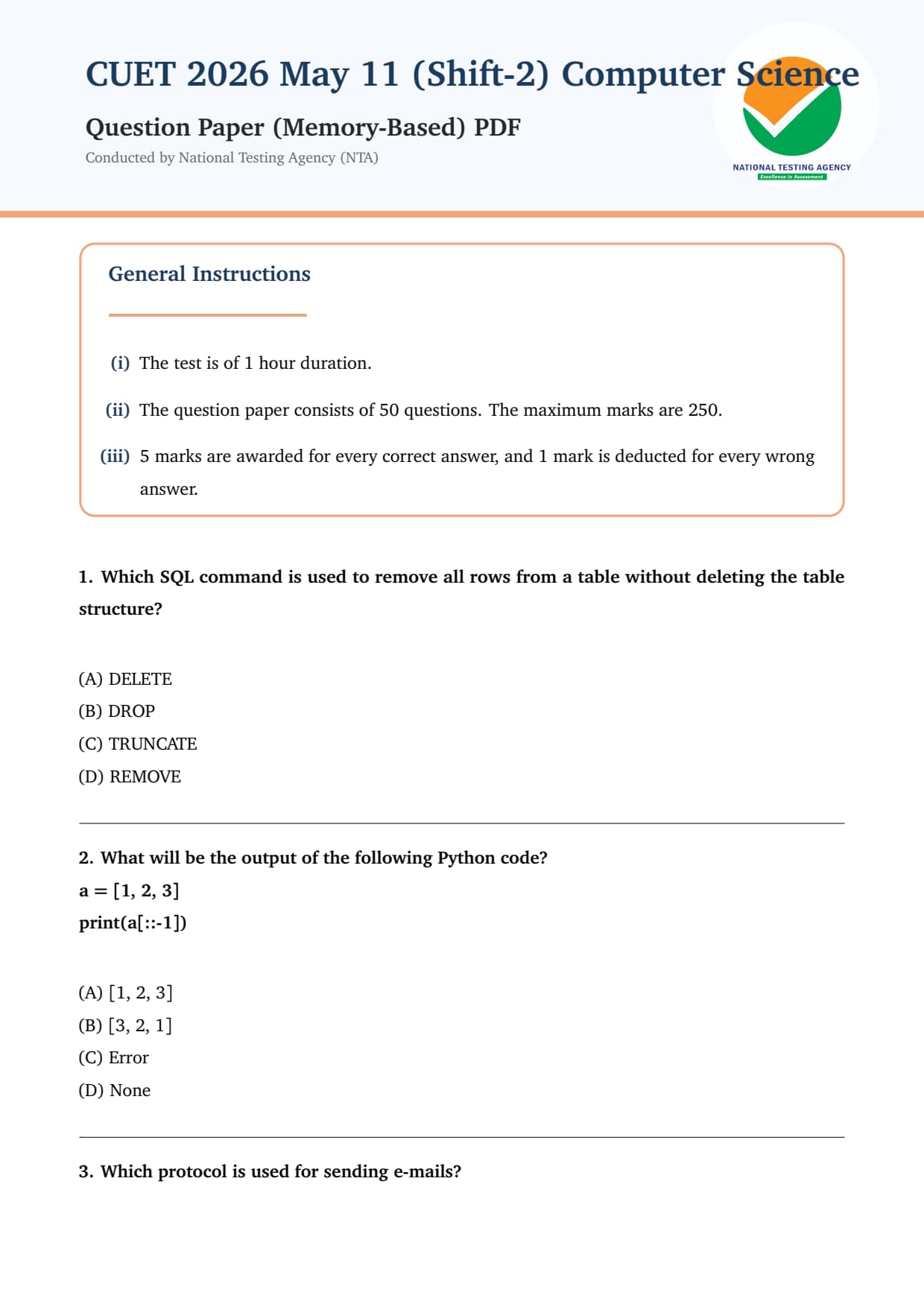 CUET 2026 May 11 Shift 2 Computer Science Question Paper- Download ...