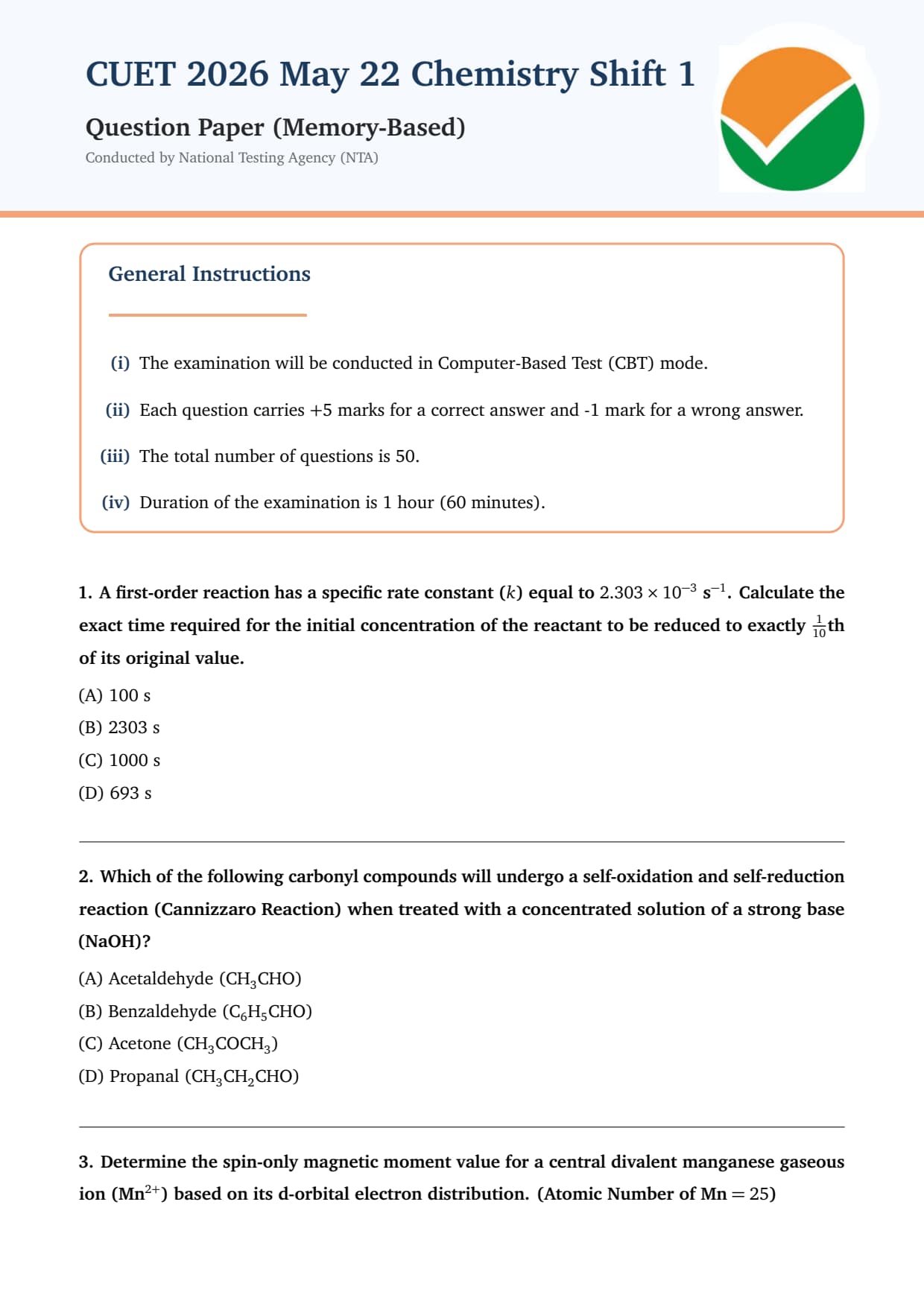CUET 2026 Chemistry May 22 Shift 1 Question Paper- Download Answer Key ...
