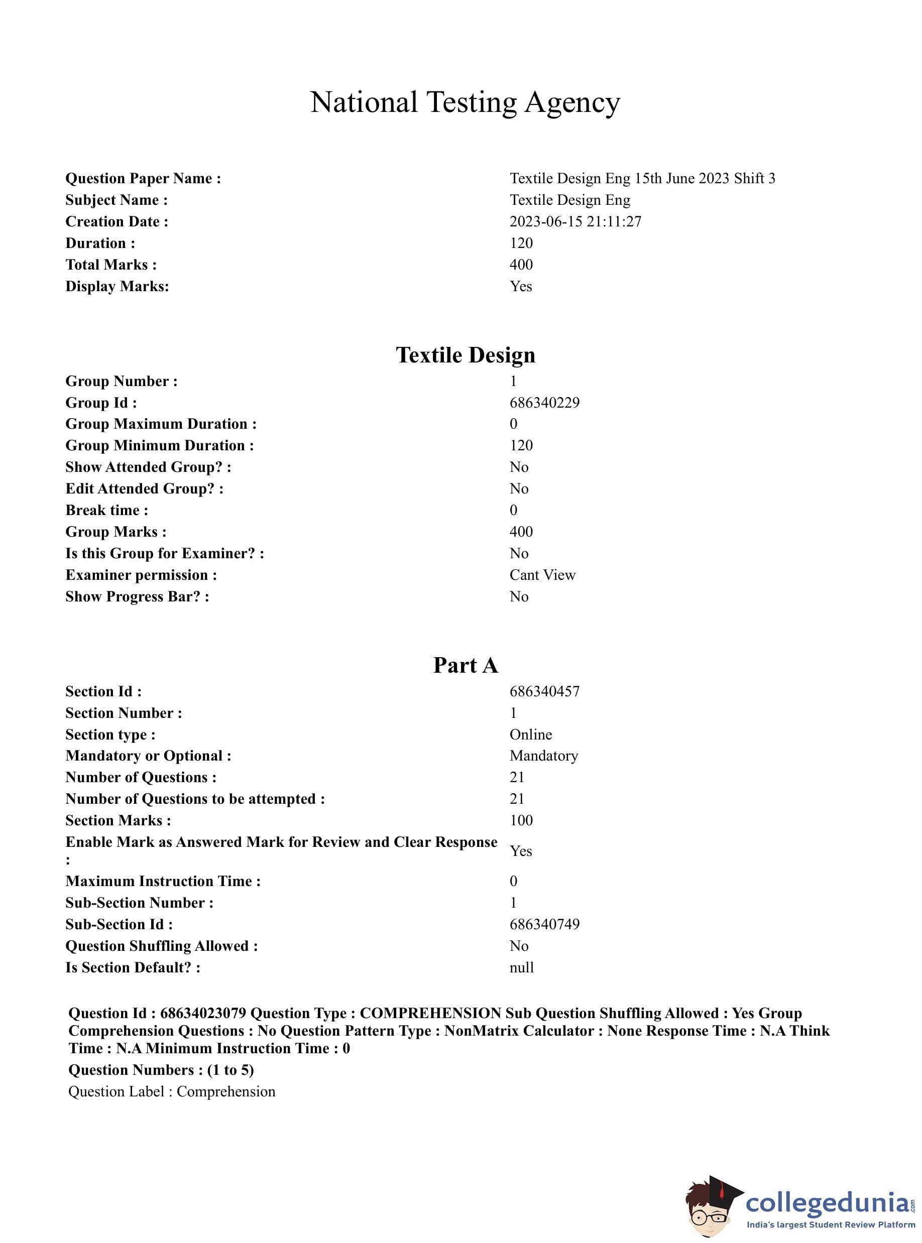 CUET PG 2023 Textile Design Question Paper with Answer Key in English ...