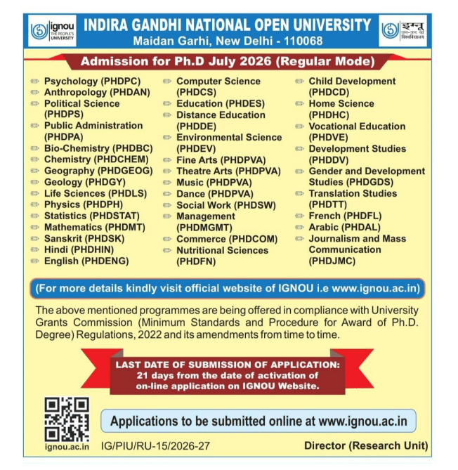 IGNOU PhD Admission 2026 July Session Apply at ignou.ac.in