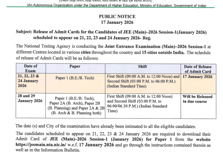 JEE Main 2026 Admit Card Release Date: Download Hall Ticket for January ...