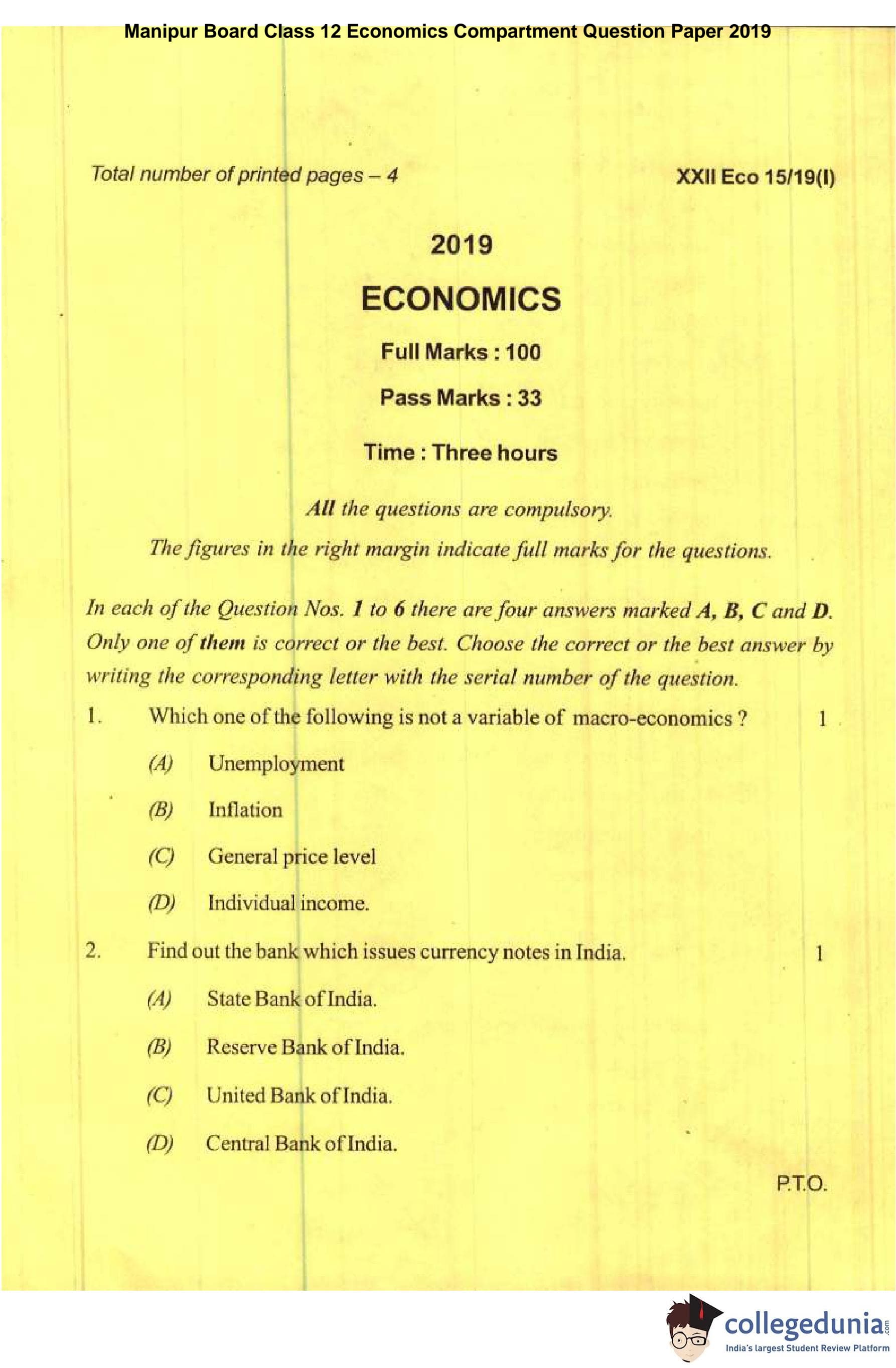 Manipur Board Class 12 Economics Compartment Question Paper 2019 with ...