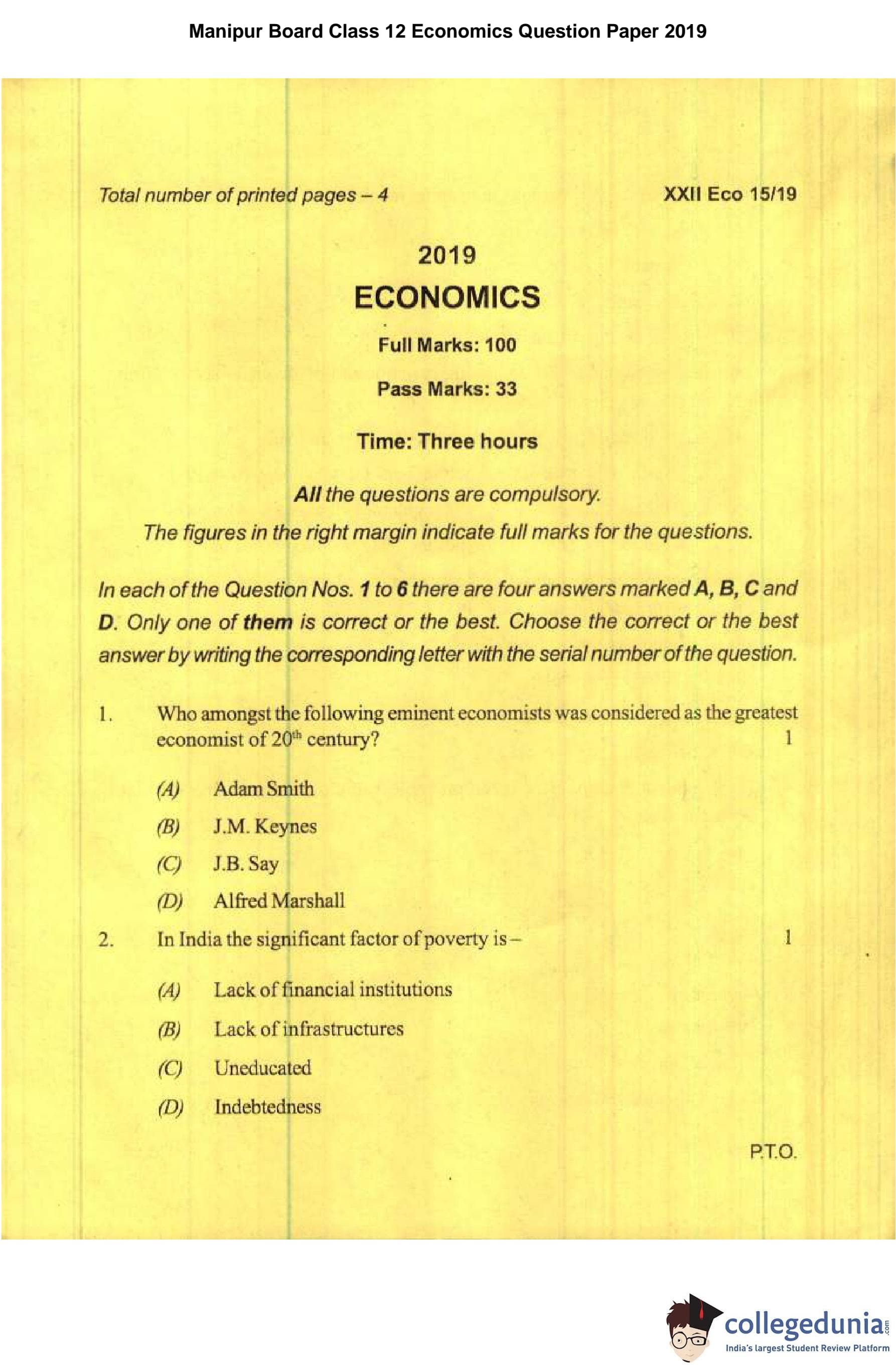 Manipur Board Class 12 Economics Question Paper 2019 with Answer Key ...