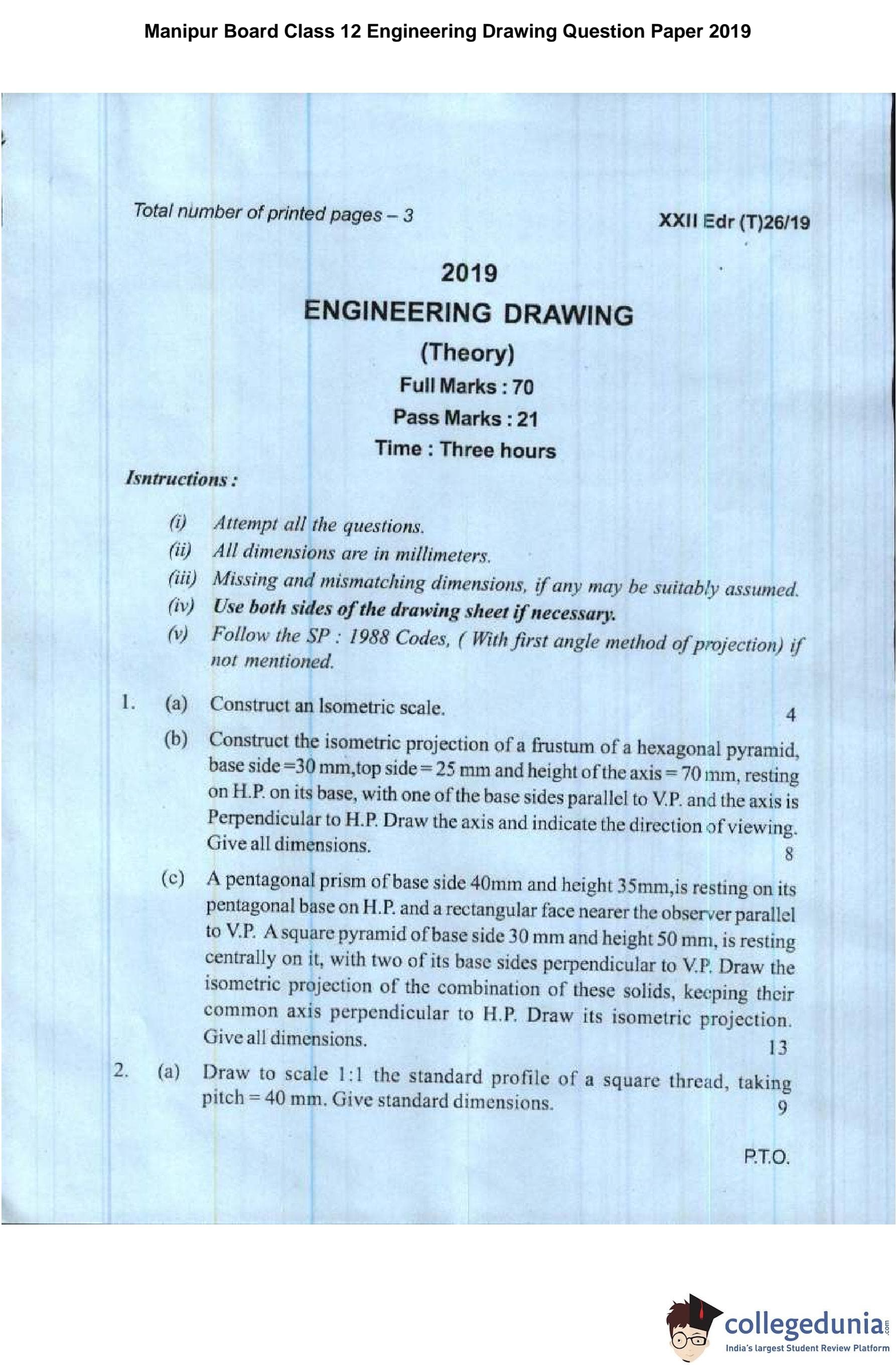 Manipur Board Class 12 Engineering Drawing Question Paper 2019 with ...