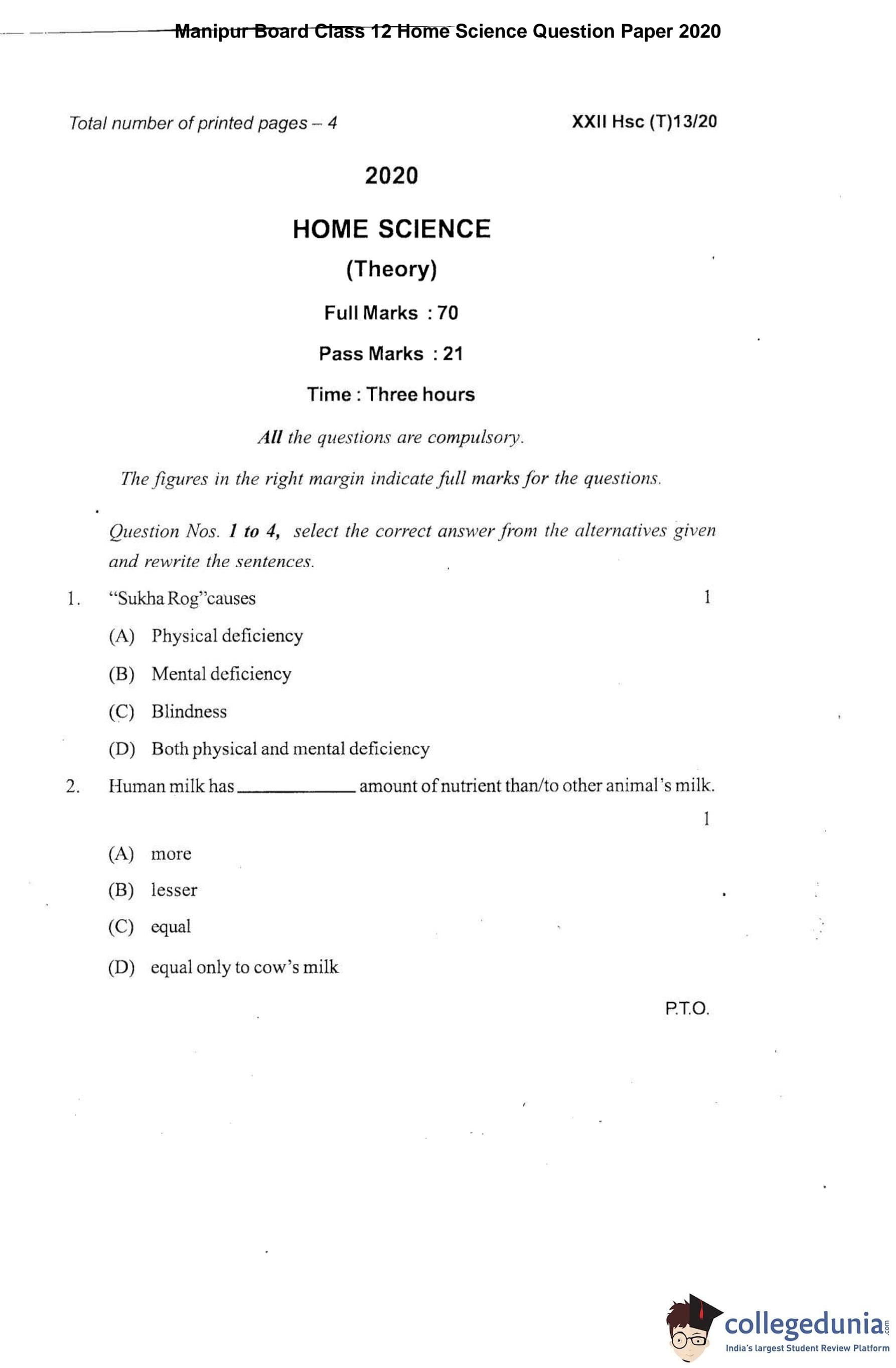 Manipur Board Class 12 Home Science Question Paper 2020 with Answer Key ...