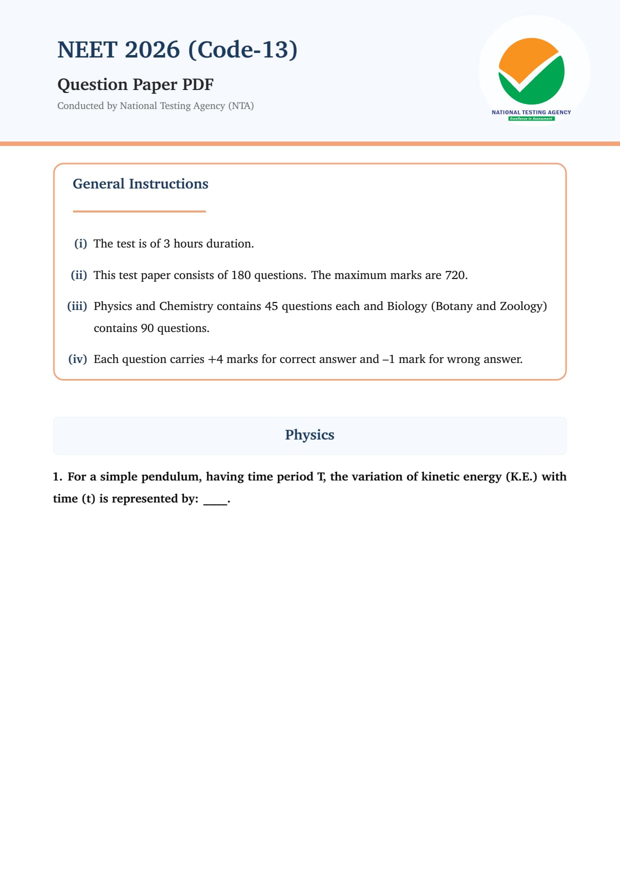 NEET 2026 Question Paper Code 13 Available: Download Answer Key with ...