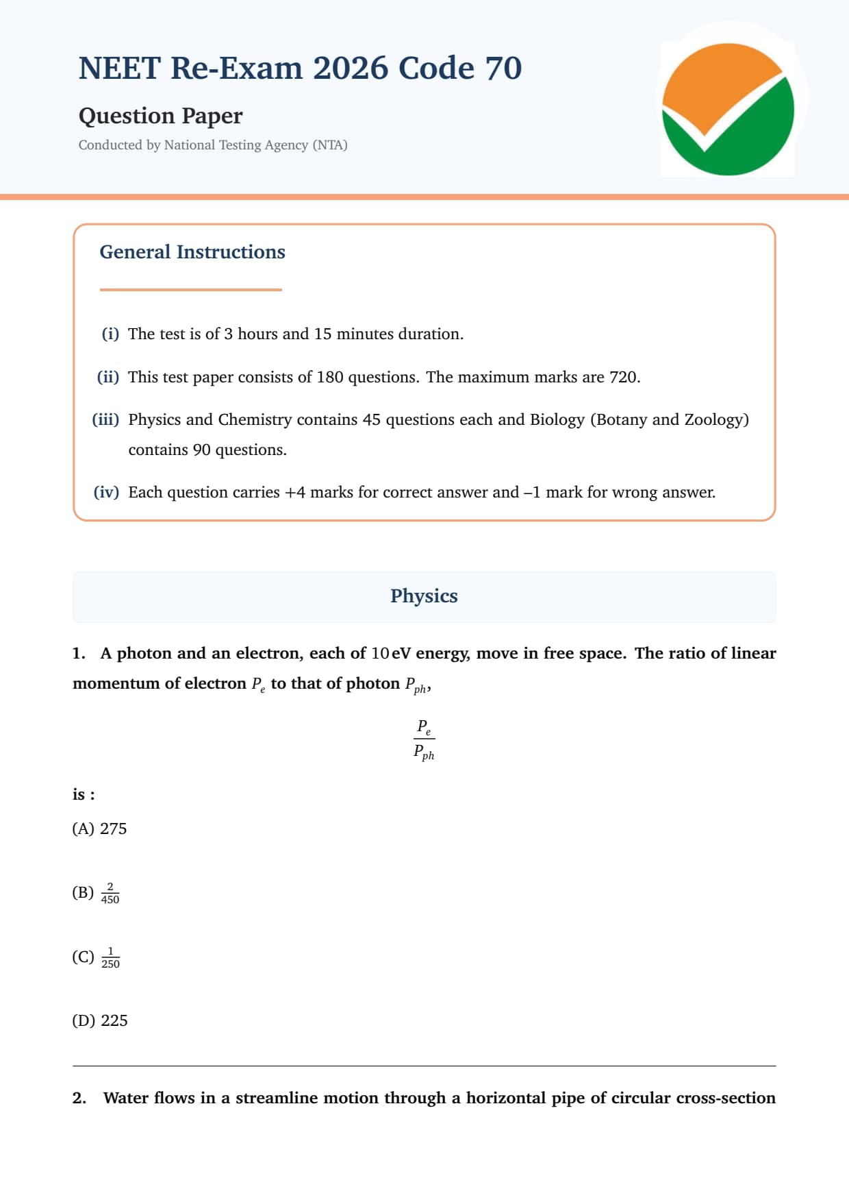 NEET Re-Exam 2026 Question Paper 21 June (Available): Download Answer ...