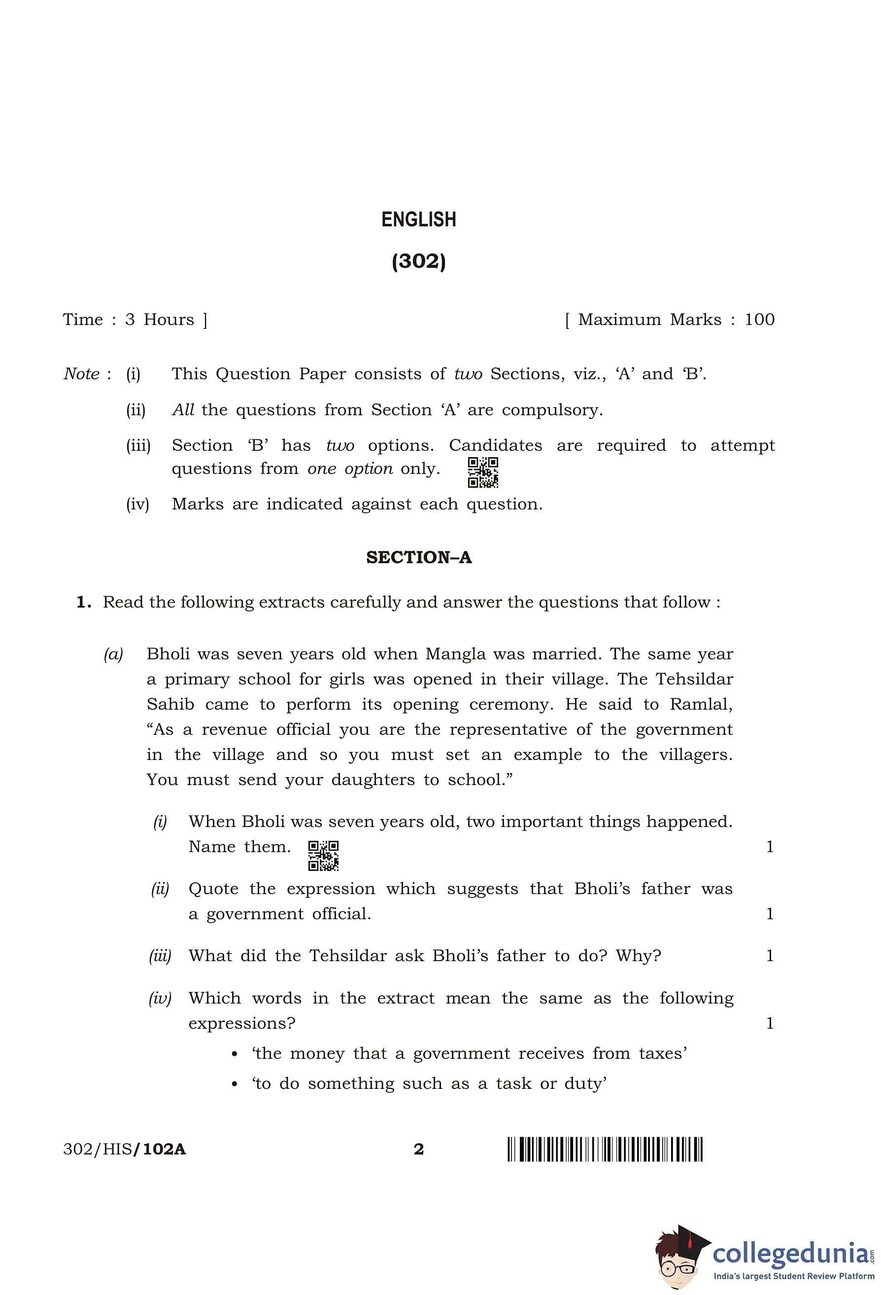 NIOS Class 12 English Question Paper 2018 with Answer Key