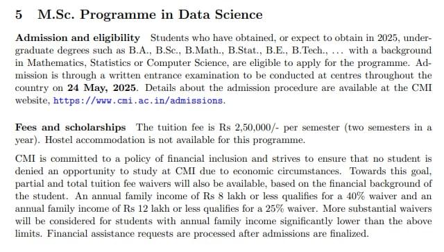 CMI M.Sc Data Science: Fees 2026, Course Duration, Dates, Eligibility