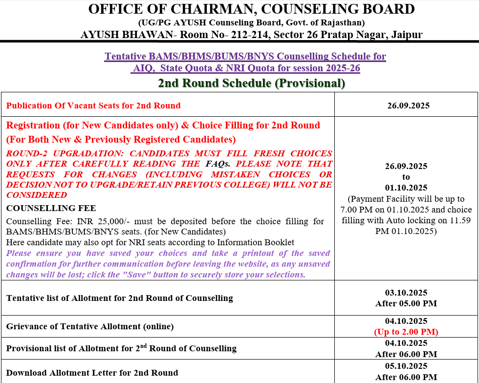 Rajasthan AYUSH UG Counselling 2025 Round 2 Ongoing; Registration Closes on October 1