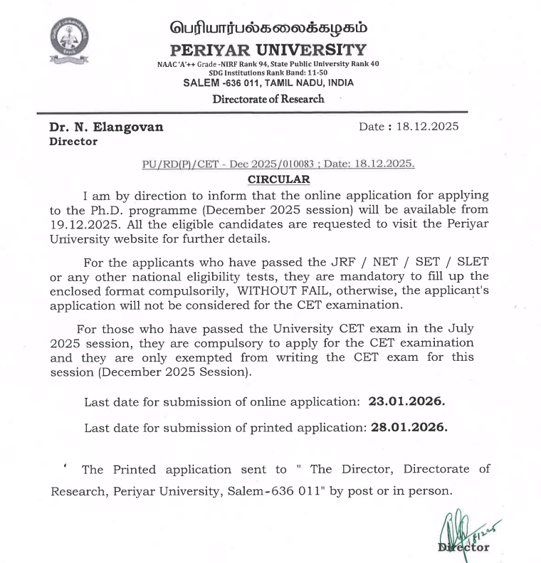 Periyar University PhD Admissions 2026 Begins at periyaruniversity.ac ...