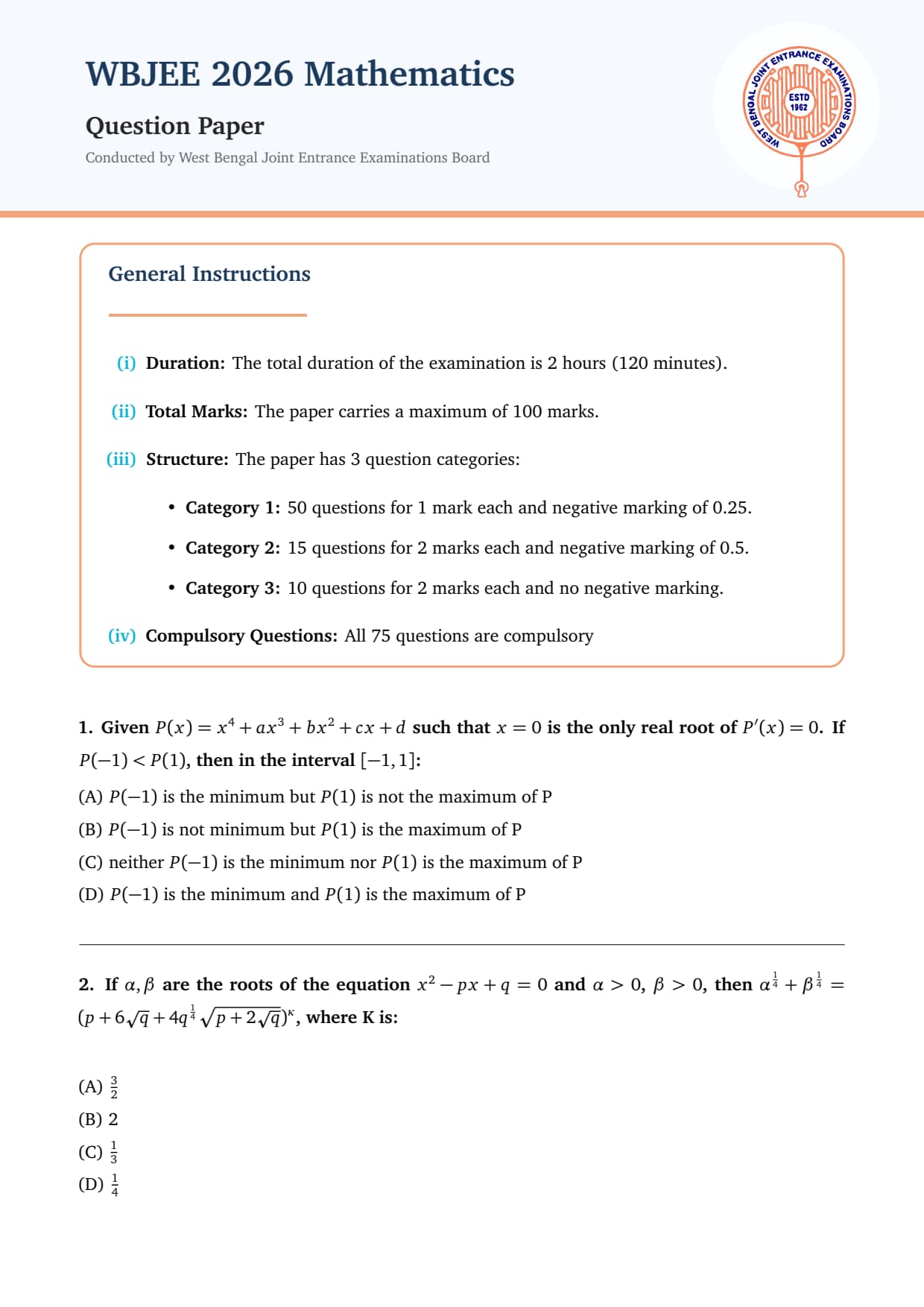 WBJEE 2026 Physics and Chemistry Question Paper: Download Answer Key ...