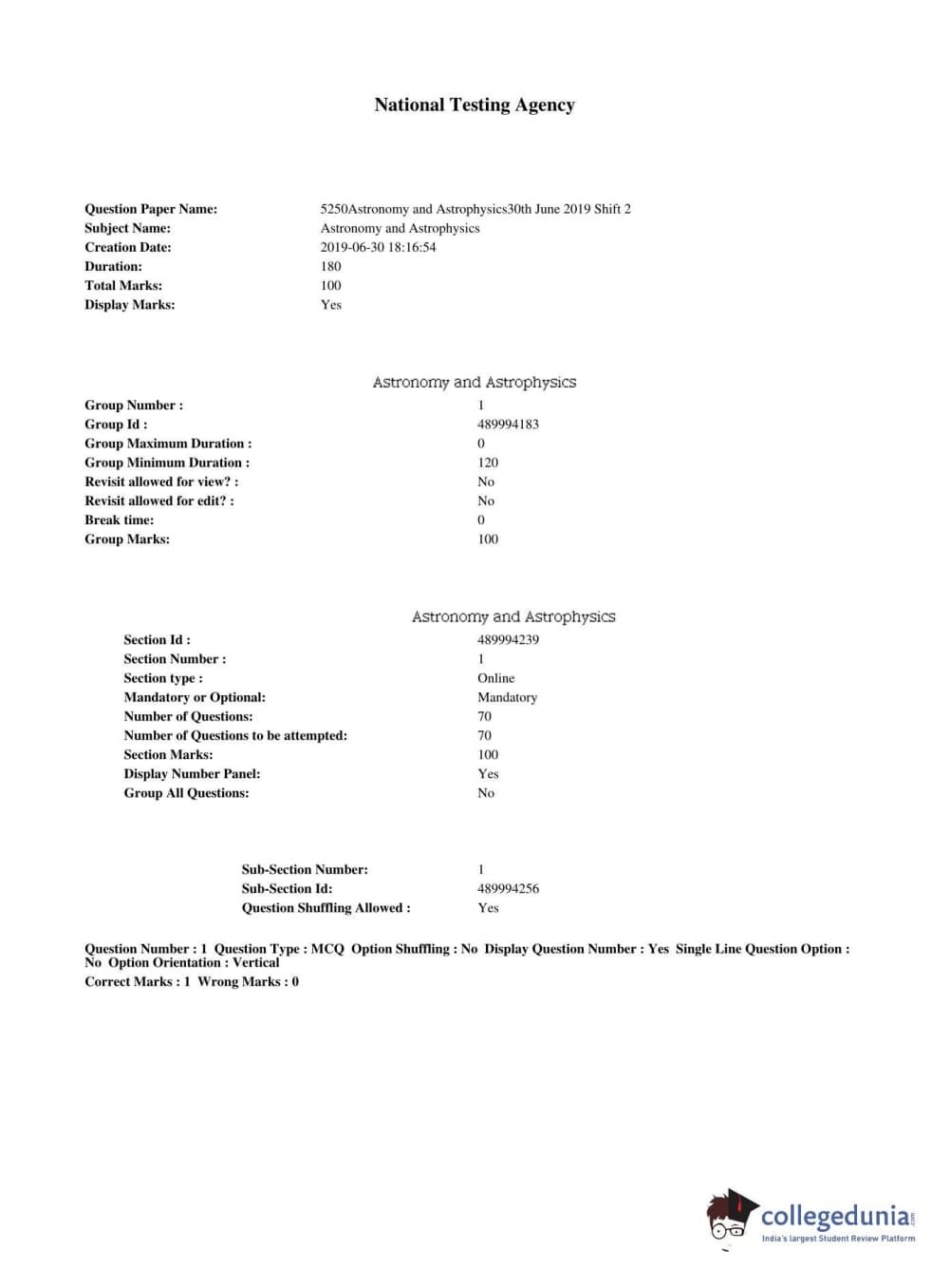 ARPIT 2019 Astronomy and Astrophysics Question Paper with Answer Key ...