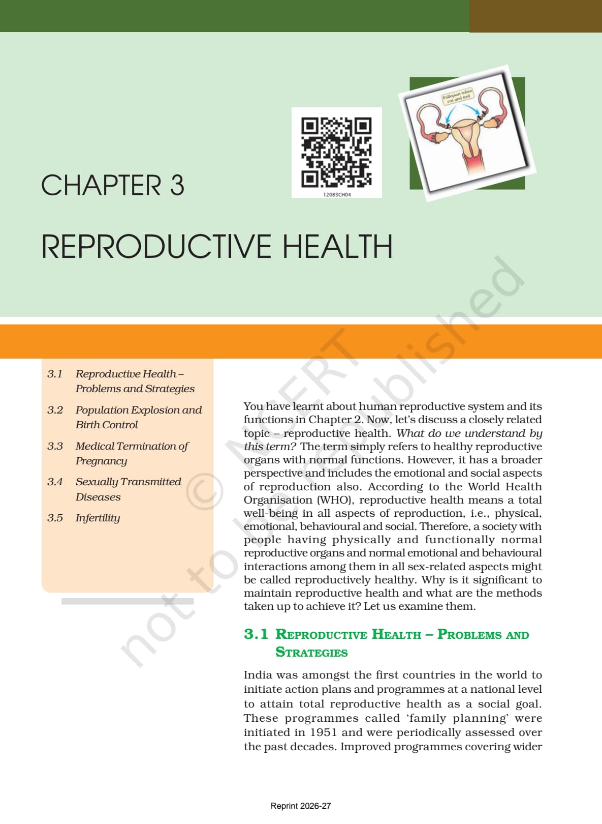 NCERT Class 12 Biology Ch 3 Reproductive Health PDF Download Free