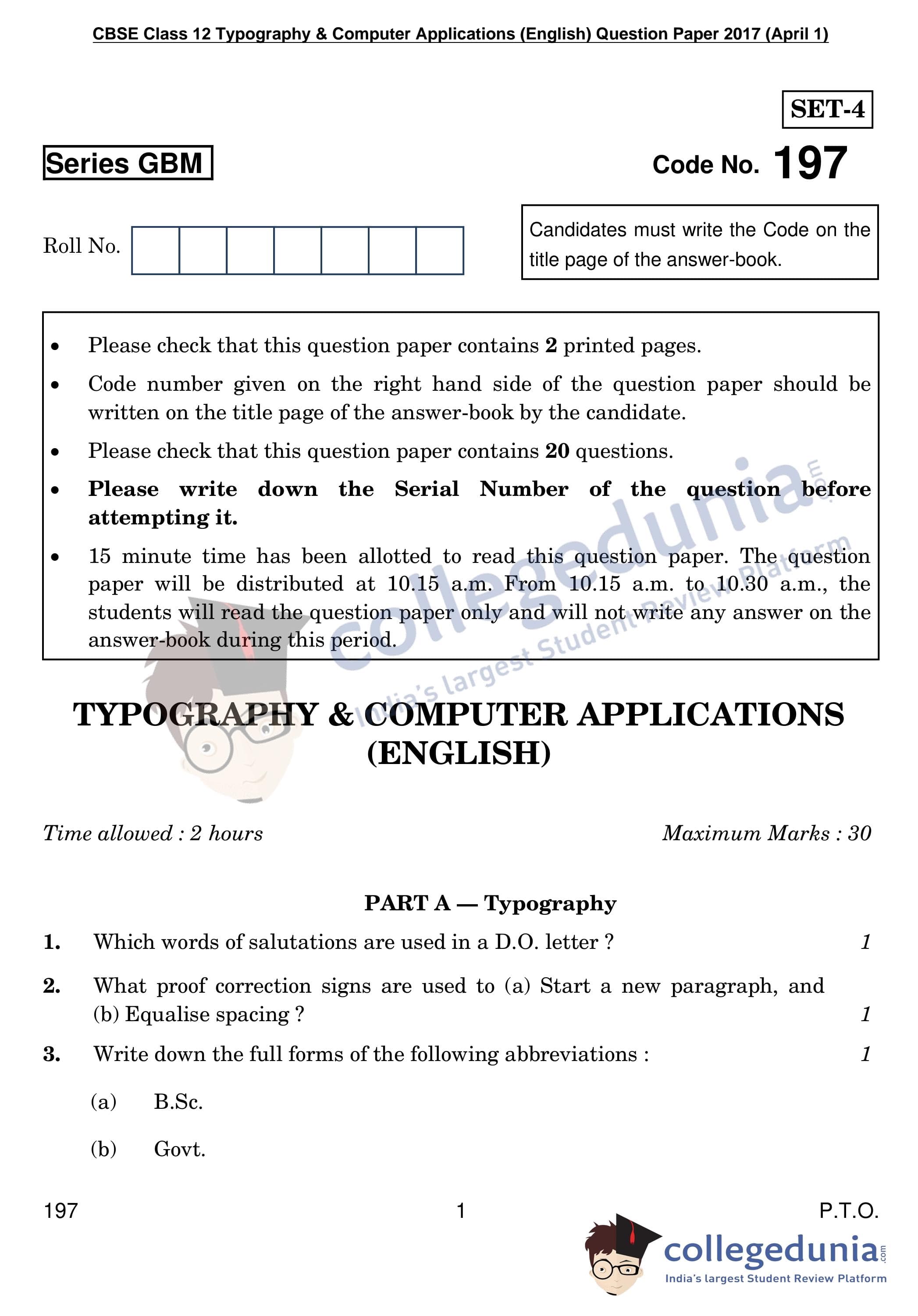 CBSE Class 12 Typography & Computer Applications (English) Question ...