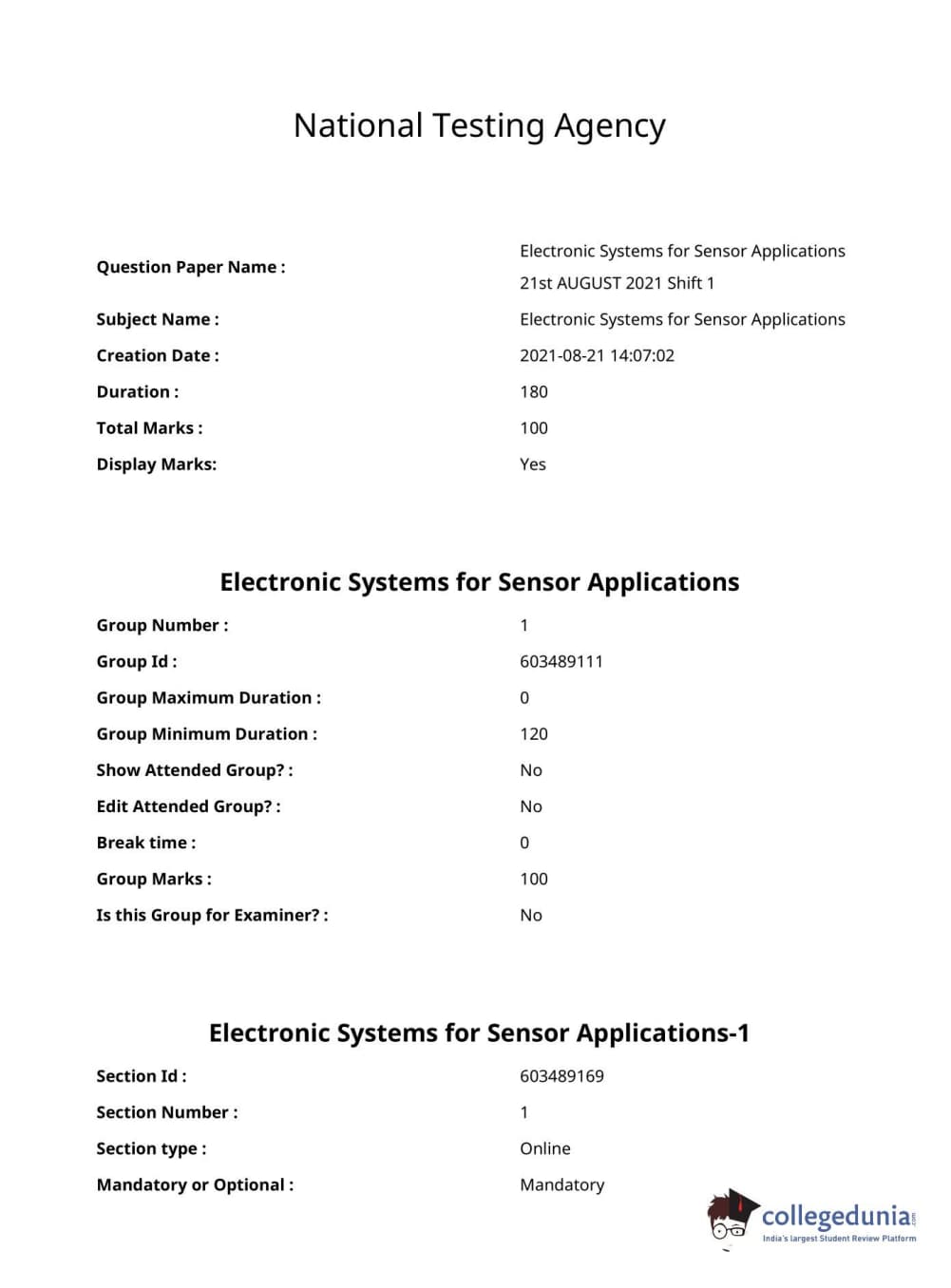ARPIT 2021 Electronic Systems for Sensor Applications Question Paper ...