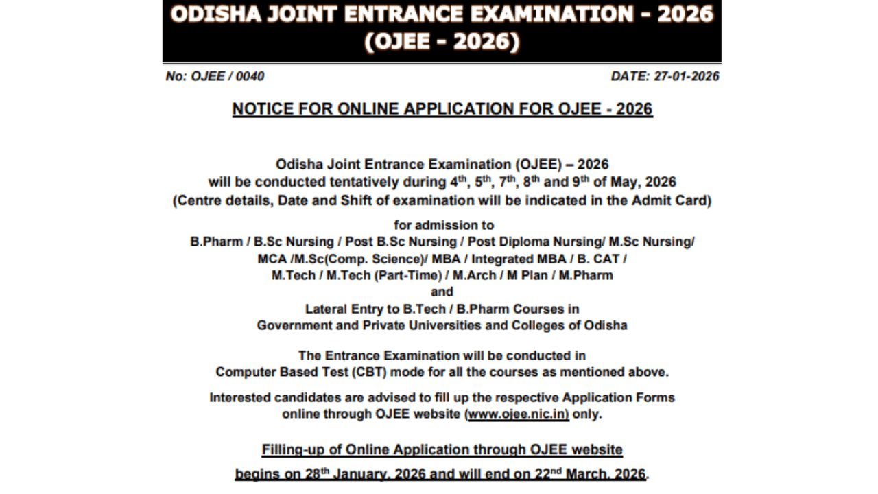 OJEE 2026 Registration Begins @ojee.nic.in; Apply by March 22