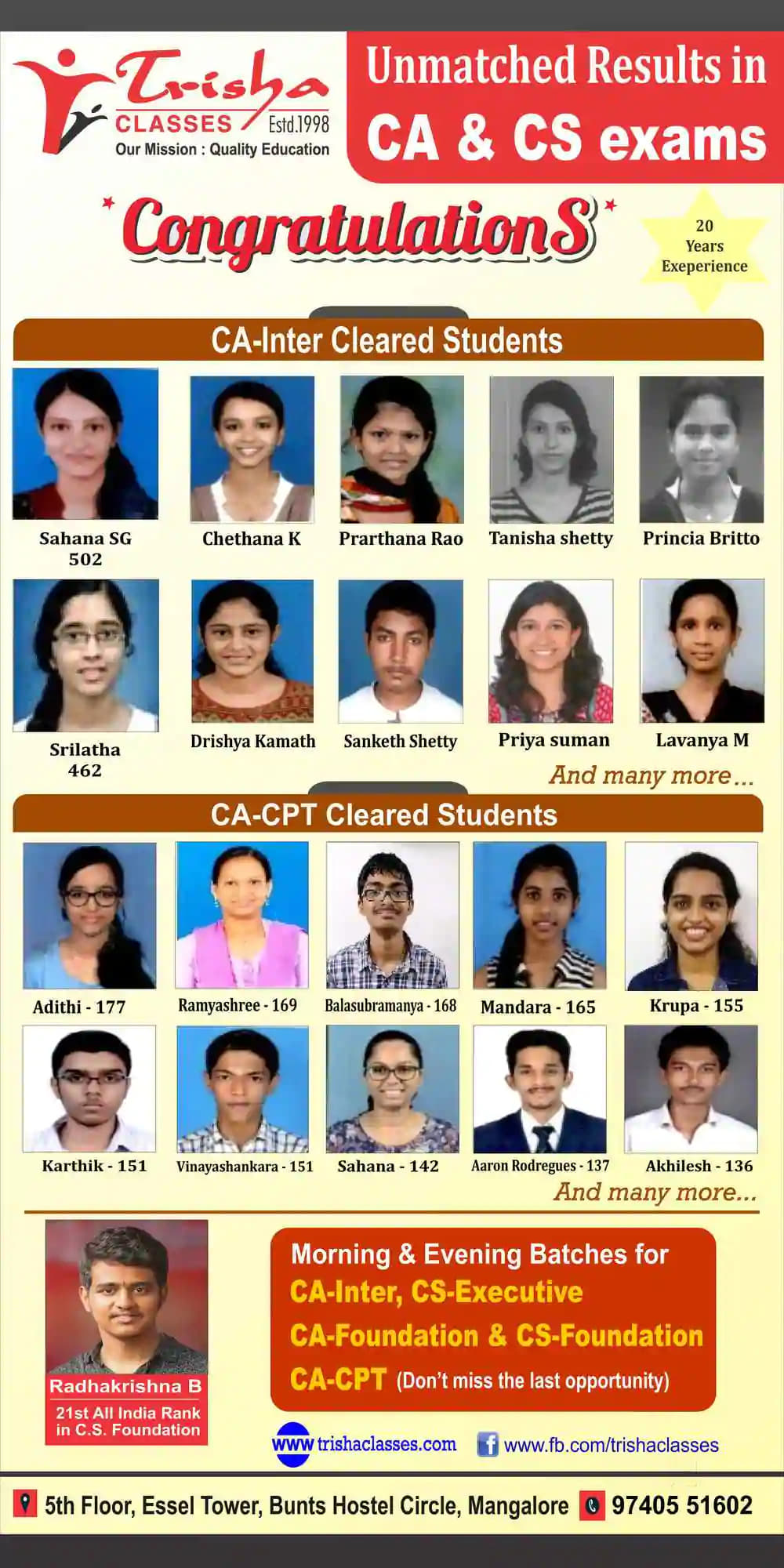 Trisha Classes, Udupi: CA Foundation, Regular Classroom Program