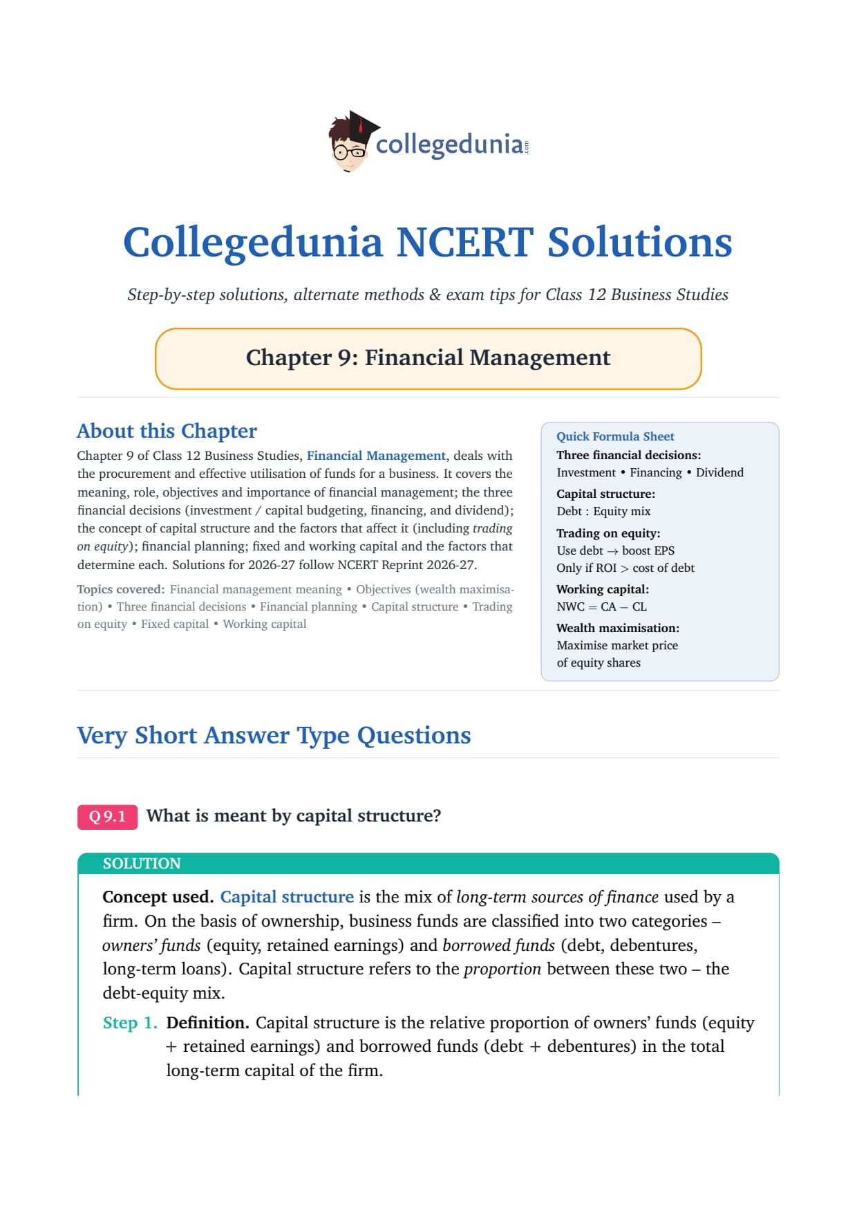 Financial Management Class 12 NCERT Solutions PDF